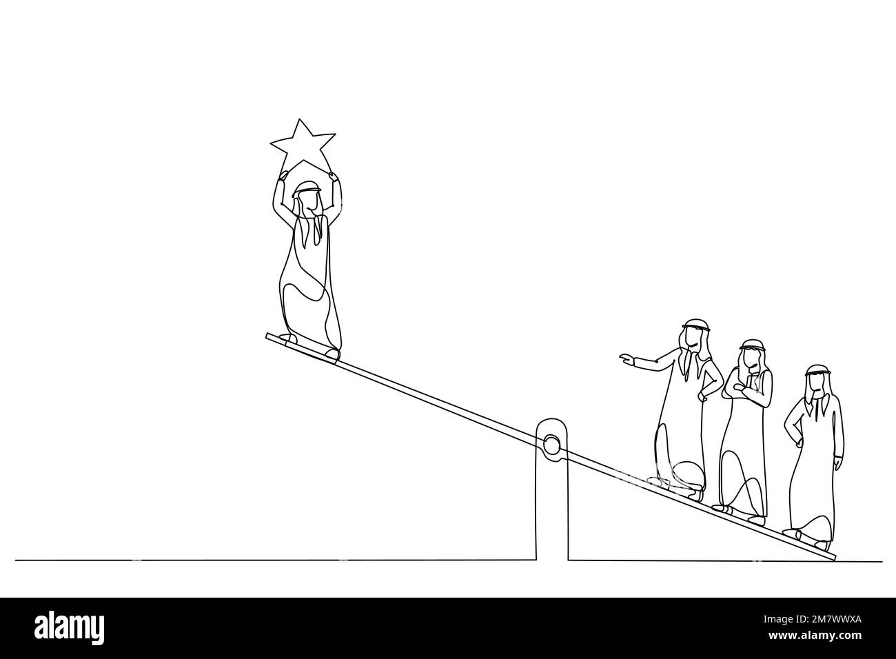 Dessin d'un homme d'affaires arabe sur une balançoire et les pèse plus ...