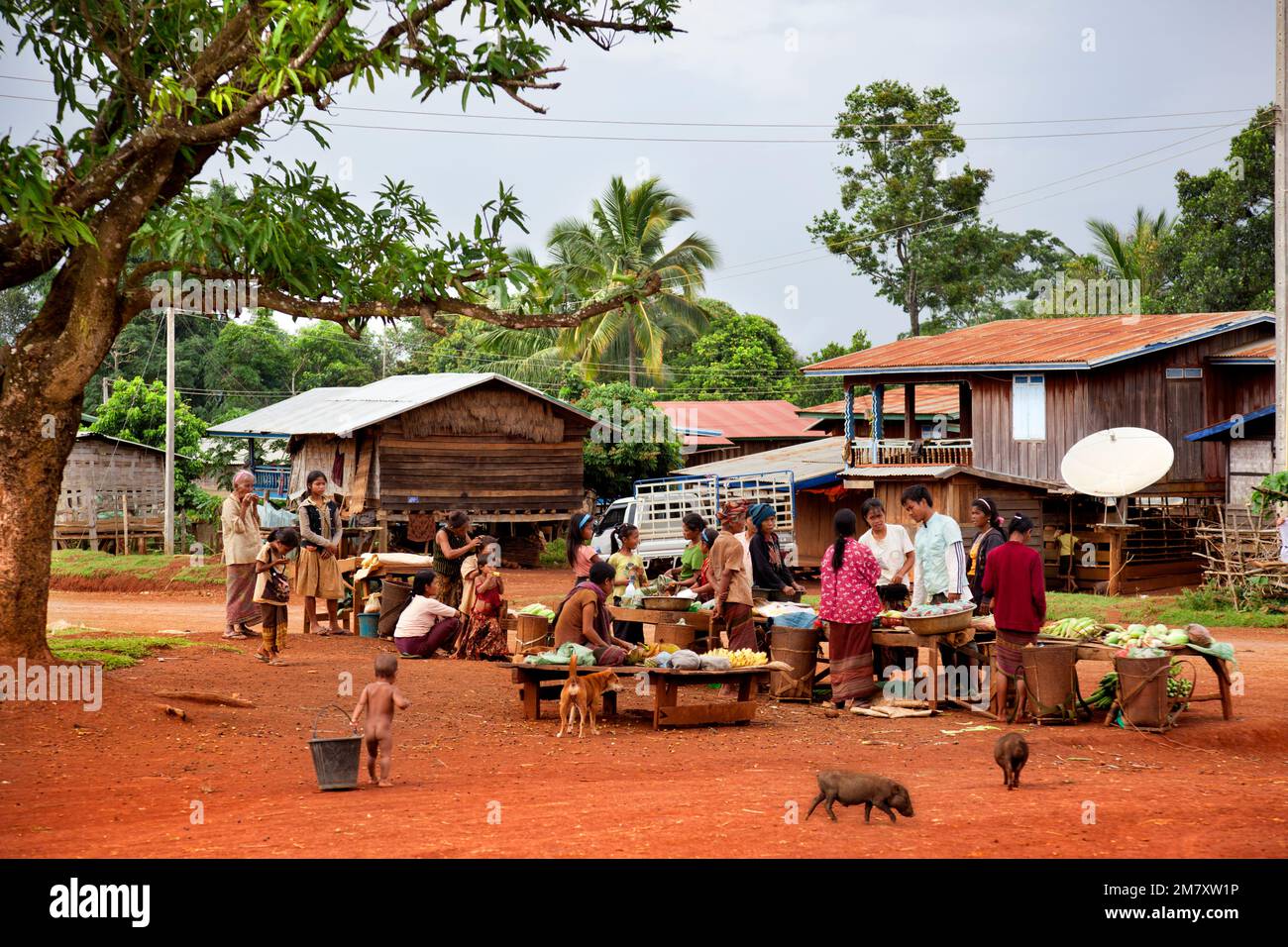Dans un village près de Paksong, Laos-28 juillet 2009. Petit marché ...
