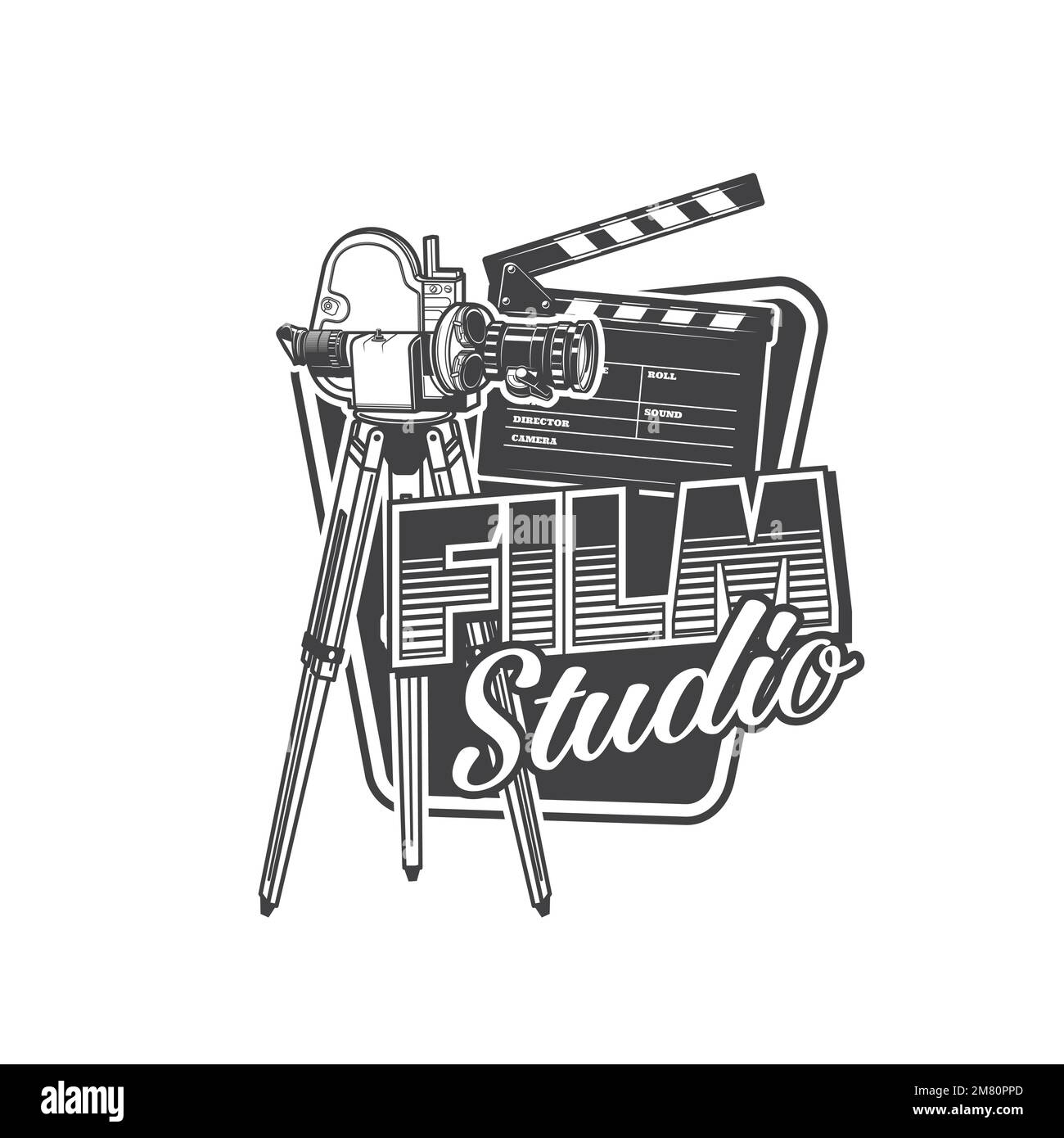 Icône de studio de cinéma avec caméra rétro et panneau de cinéma ...