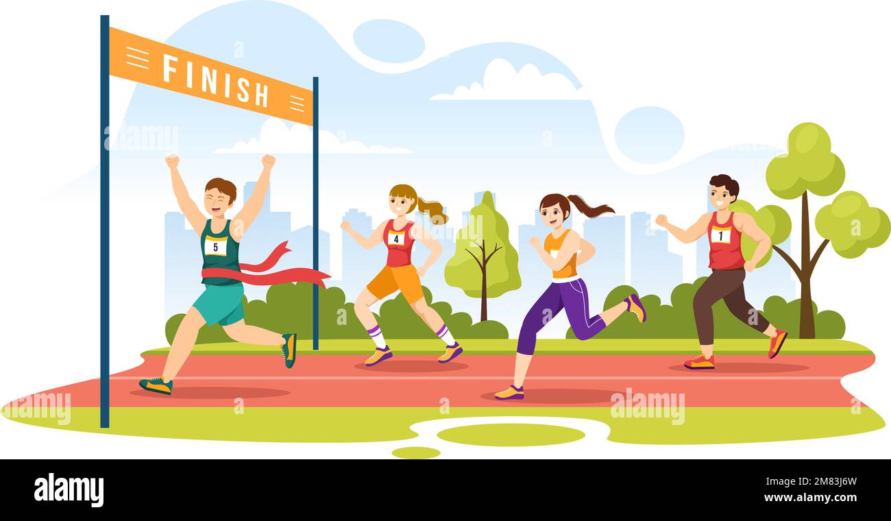 Illustration de la course de marathon avec des personnes en course, en ...