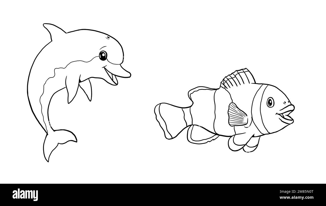 Joli dauphin et poisson clown à colorer. Modèle pour un livre de ...