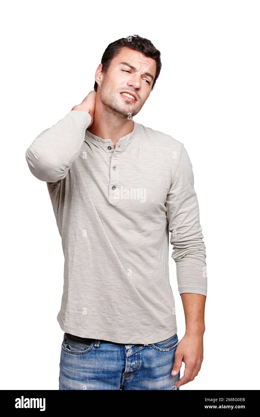 Douleur au cou, problème et homme de studio avec crise d'urgence ...