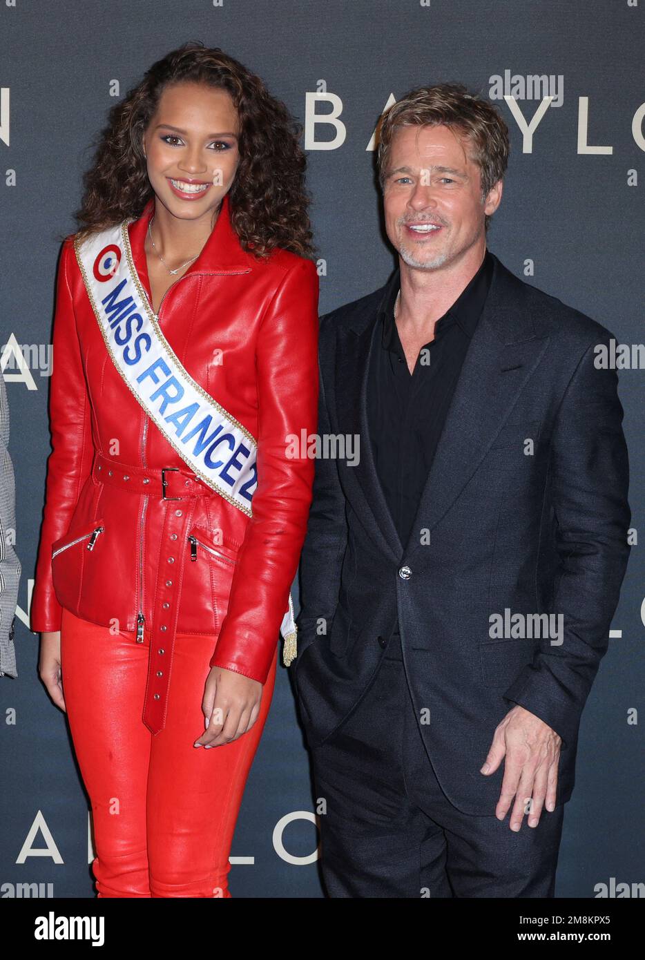 Paris, France. 14th janvier 2023. Damien Chazelle, Indira Ampiot (Miss France 2023) et Brad Pitt ...