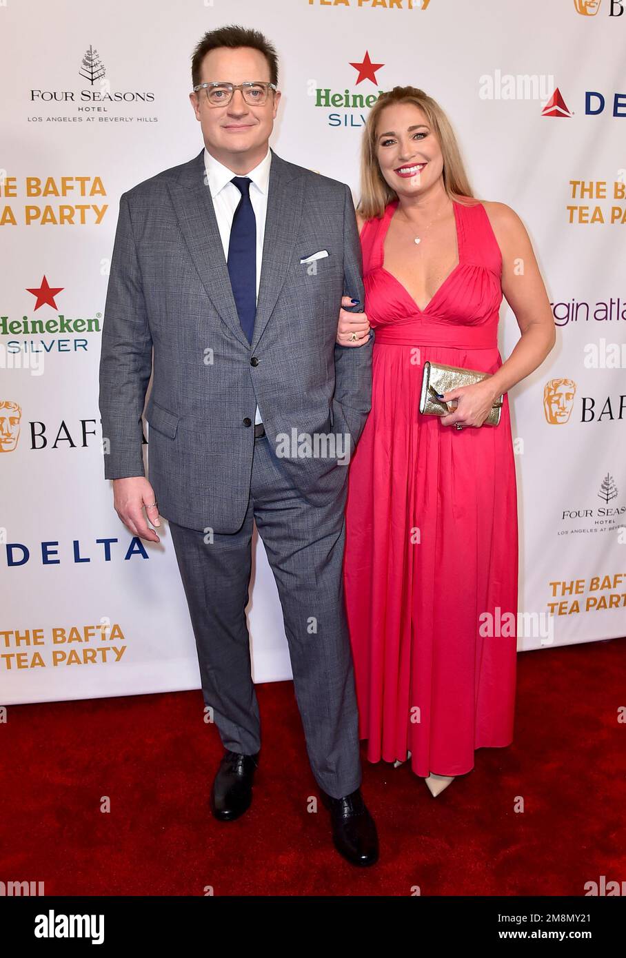 Brendan Fraser, left, and Afton Smith arrive at the 2023 BAFTA Tea ...