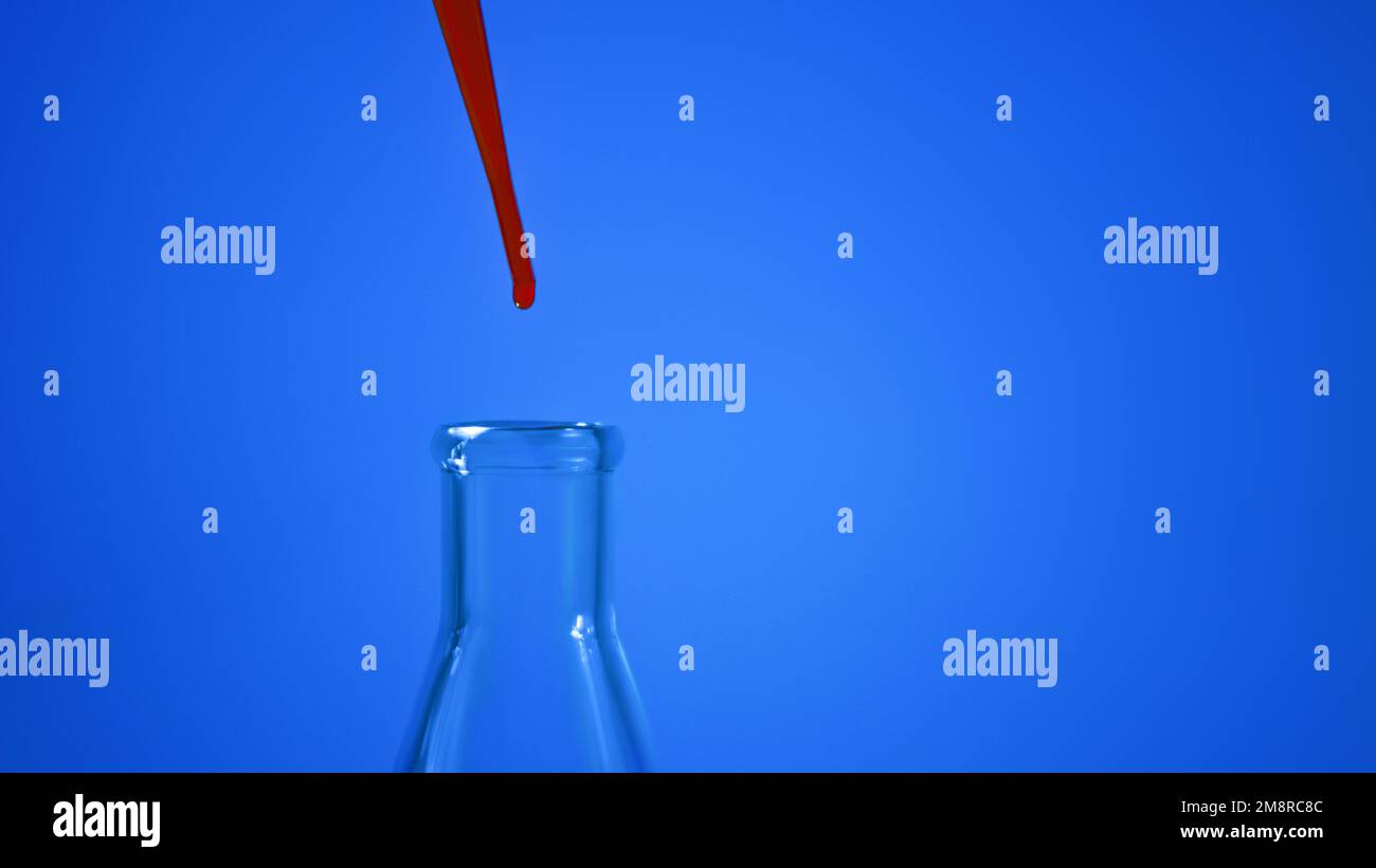 Une goutte de sang. Pipette. Sur fond bleu. Flacon médical avec liquide ...