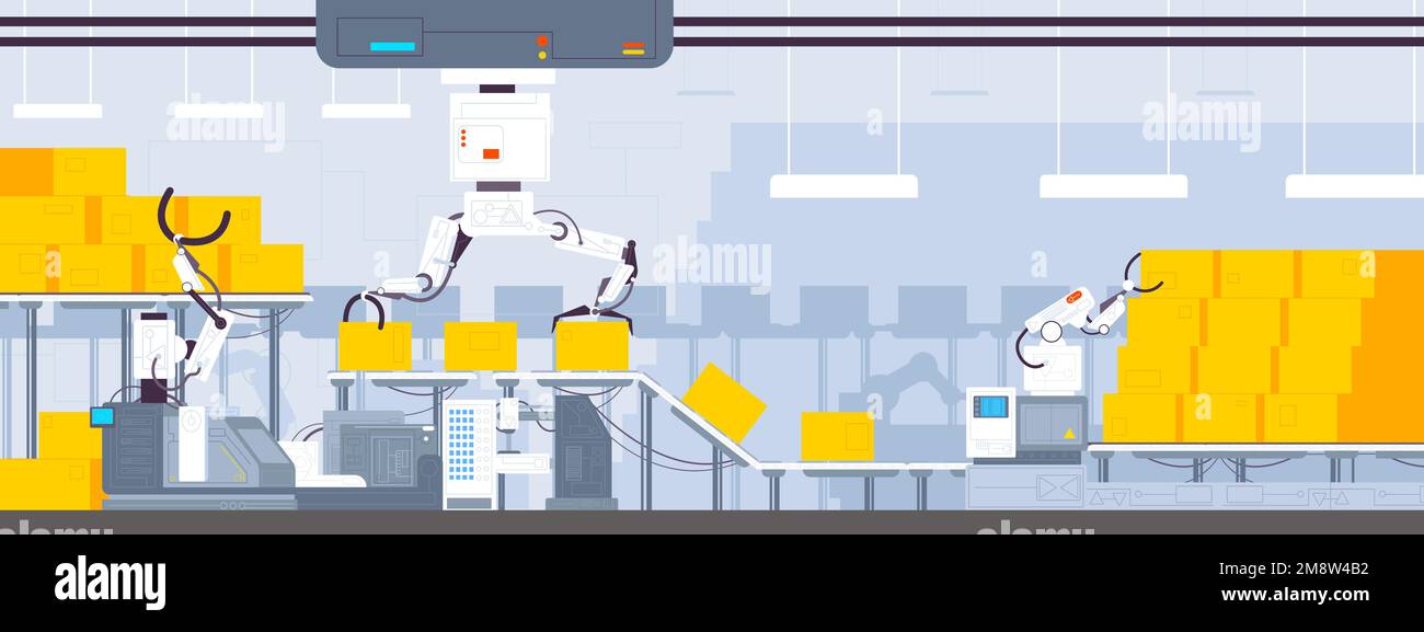 Convoyeur d'entrepôt automatisé. Processus d'emballage en usine ou tri ...