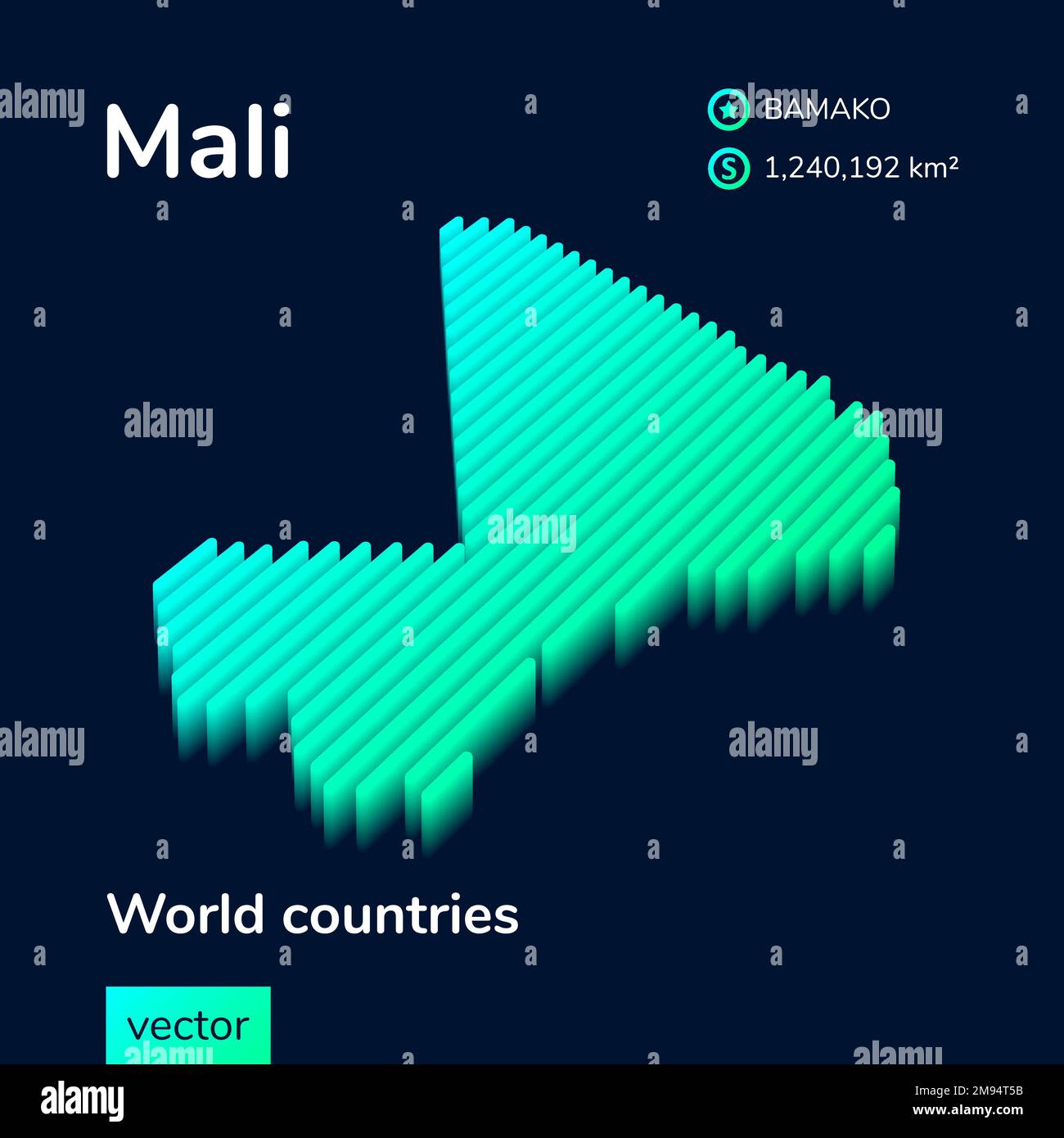 Mali 3D carte. Vecteur à rayures fluo stylisées isométriques la carte ...