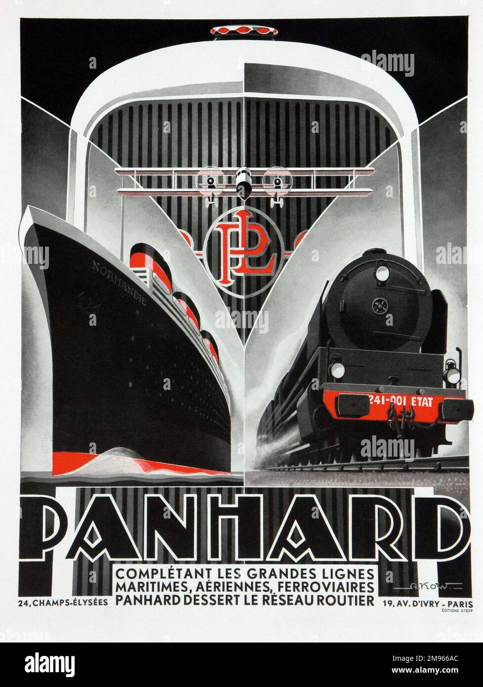 Une affiche de voyage de style art déco pour Panhard montrant un bateau à vapeur, une machine à ...