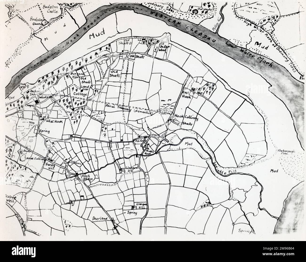 Une carte de croquis du village de Hook, incluant les différents puits ...