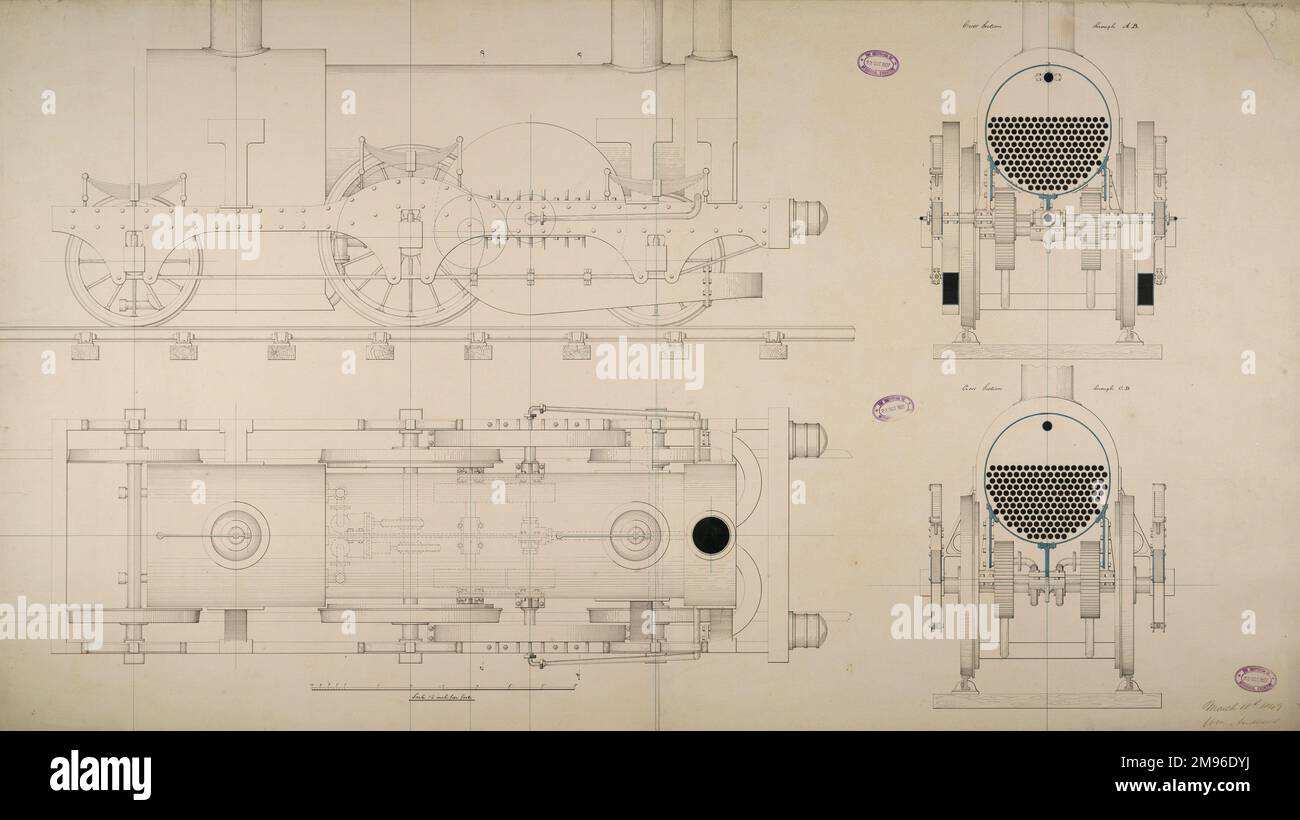 Moteur de locomotive à turbine à vapeur, plan, élévation latérale et ...
