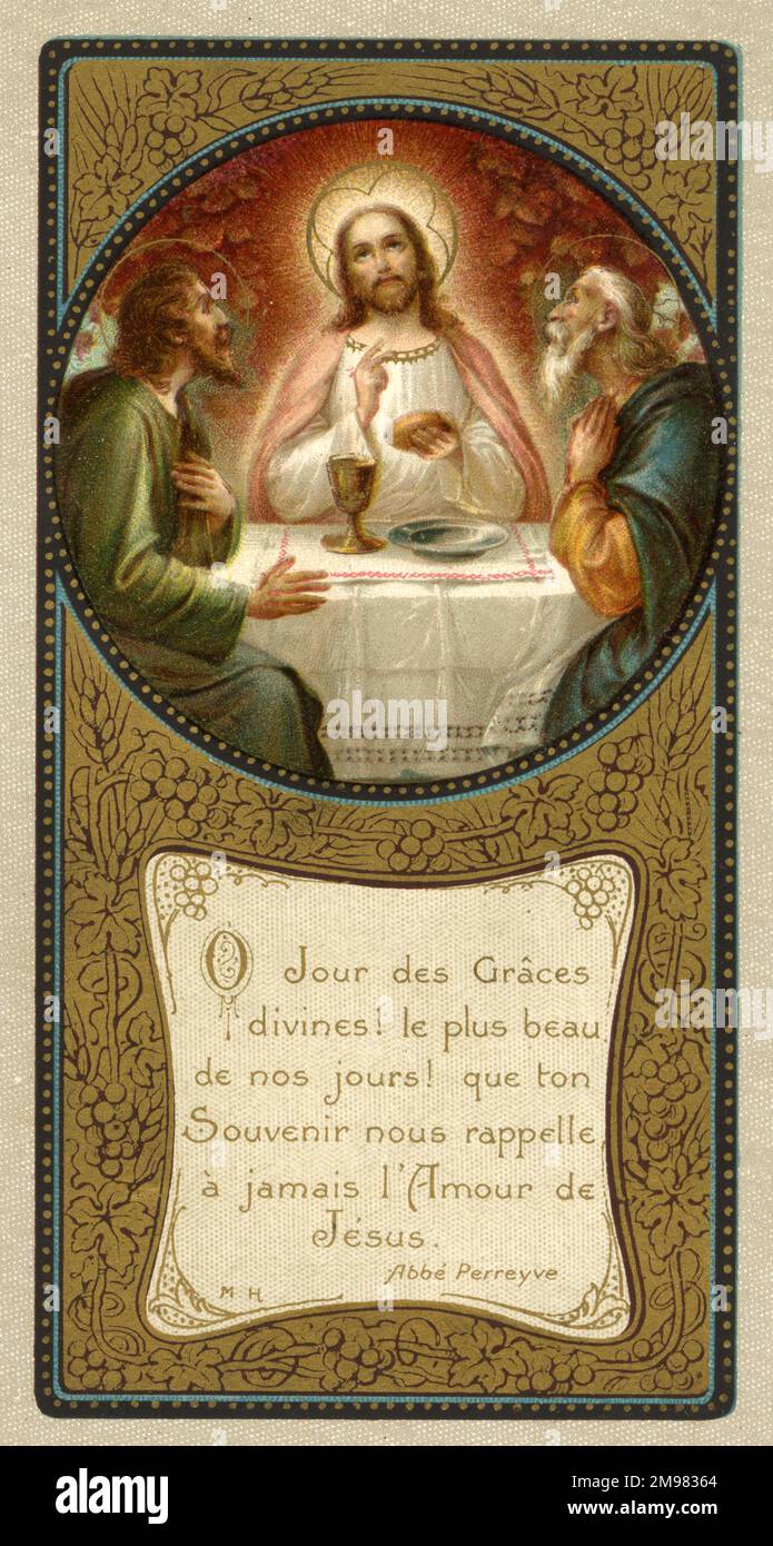 Carte de Dévotion Chromolithograph - première communion - Jésus donnant ...