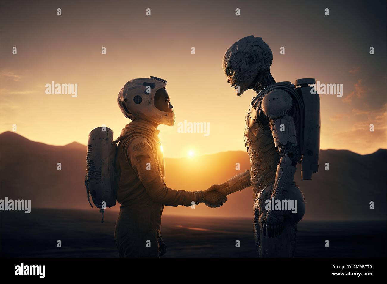 Astronaute et extraterrestre ou android sur la planète dans l'espace ...