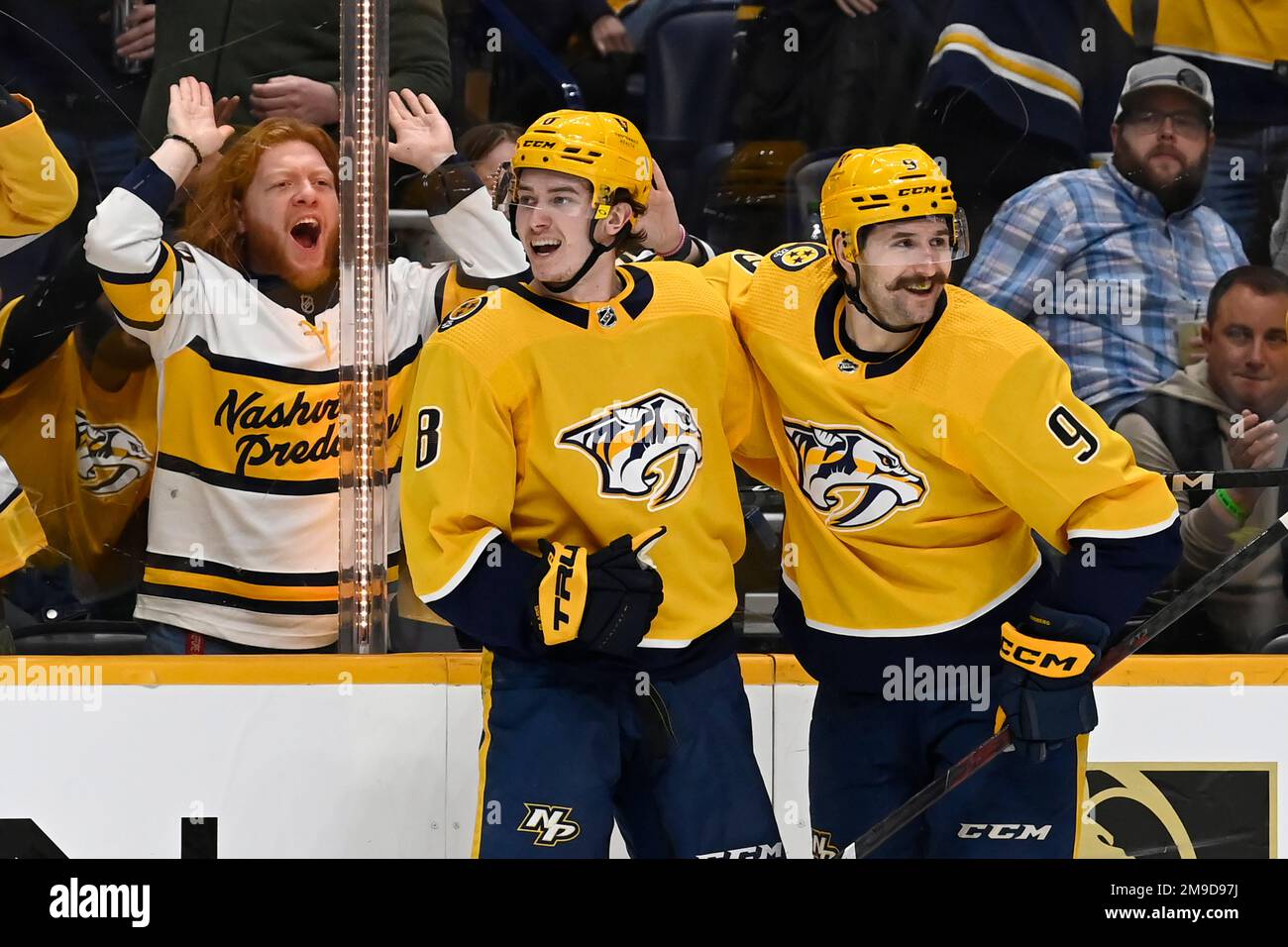 Nashville Predators center Cody Glass (8) celebrates with left wing ...