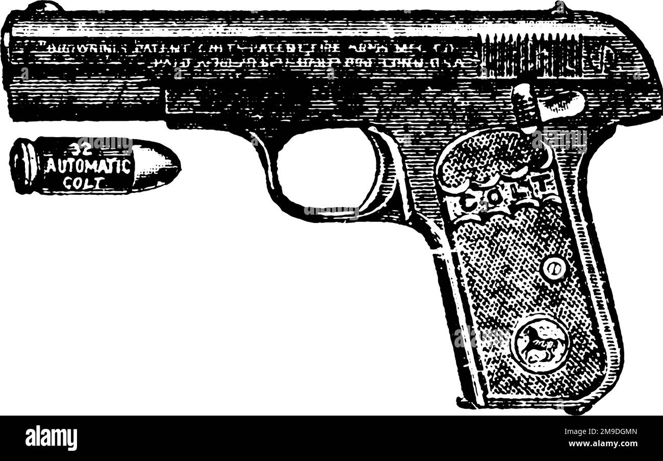 38-Caliber automatique Colt 9-Shot Pistol, gravure d'époque. Ancienne ...