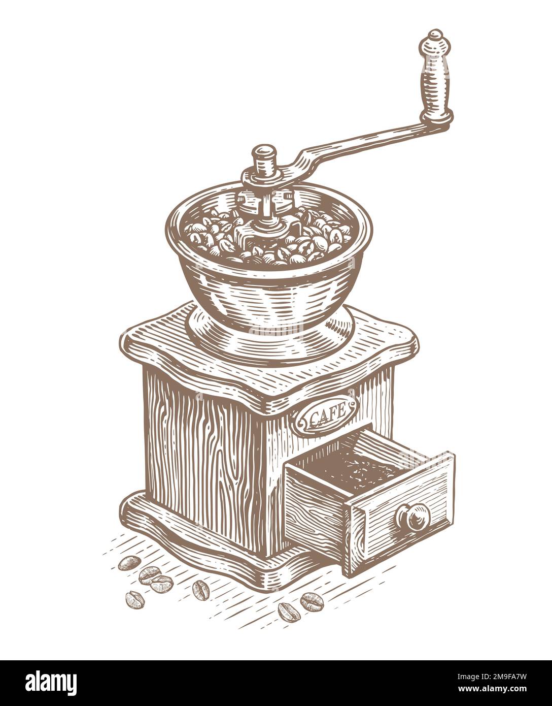 Ancien moulin à café en bois avec poignée pour moudre les grains de ...