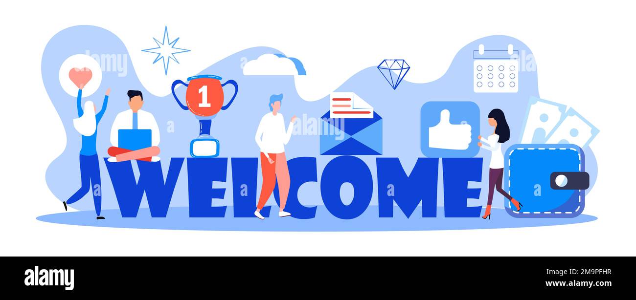 Bienvenue concept Flat Vector foe site Web. Travail d'équipe de bureau de dessin animé et ...