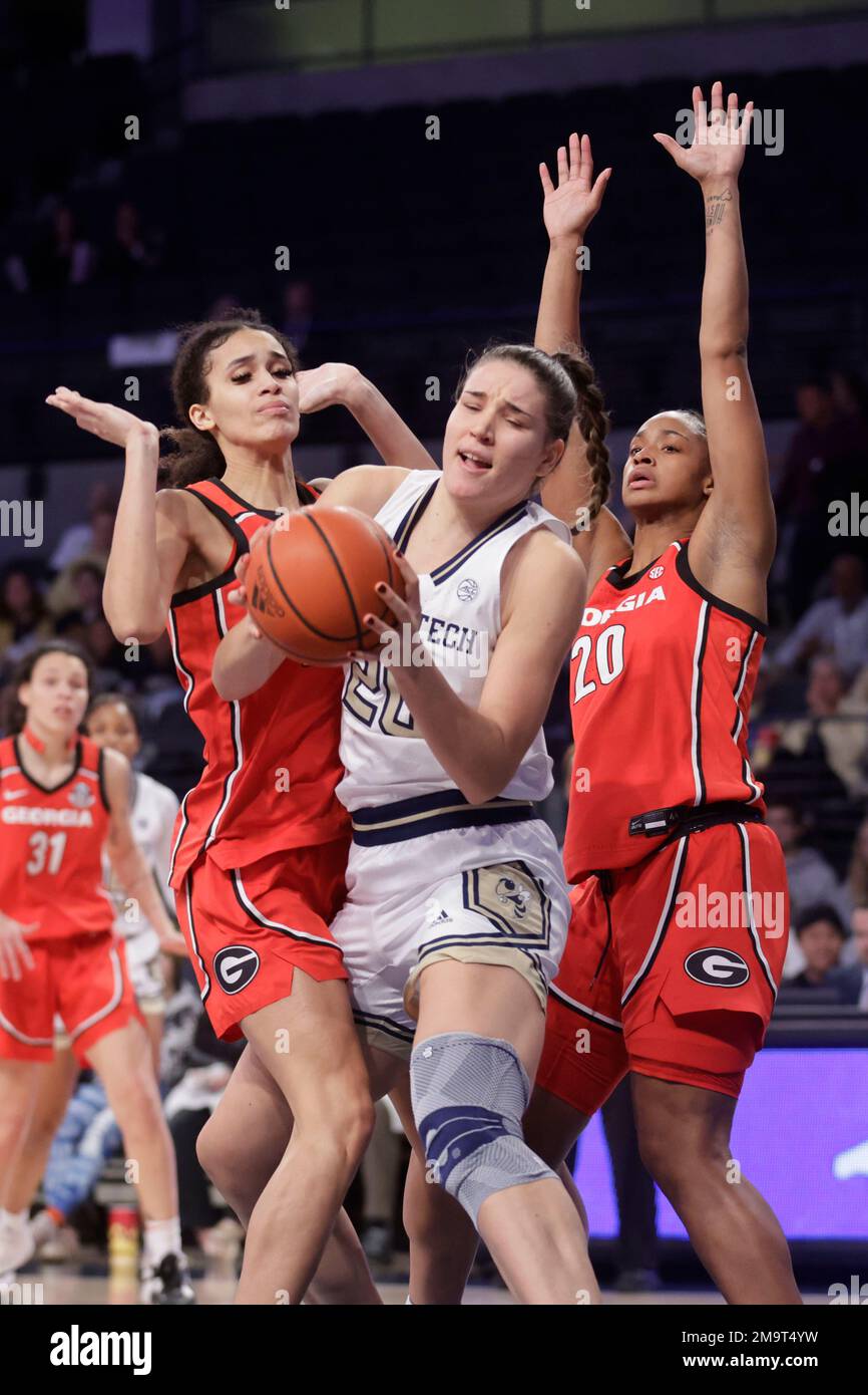 Georgia Tech center Nerea Hermosa (20) is defended by Georgia forward ...