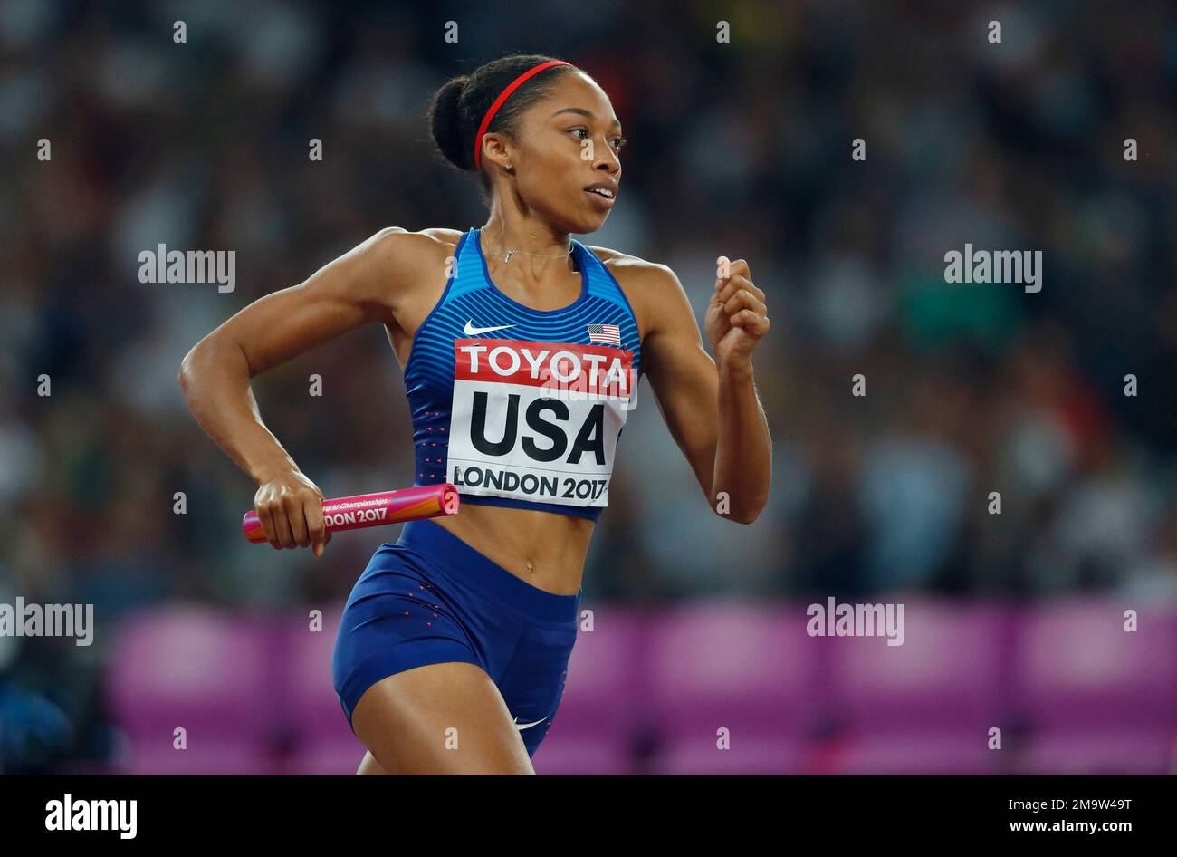 FILE - United States' Allyson Felix competes in the women's 4x400-meter ...
