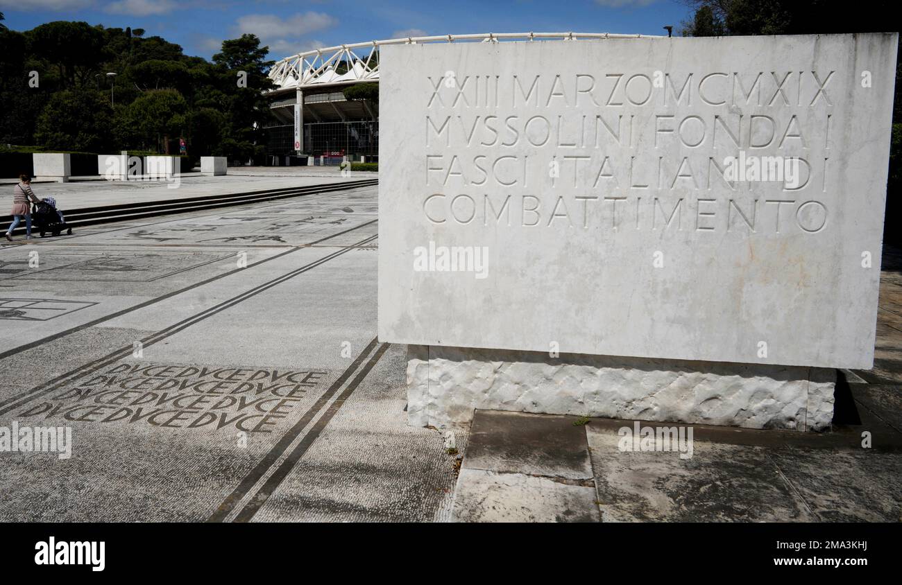 FILE - The word "duce", which was Benito Mussolini's title, is written ...