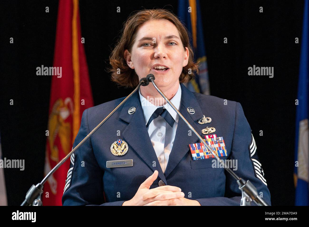 U.S. Air Force Chief Master Sgt. Sadie Chambers speaks during the ...