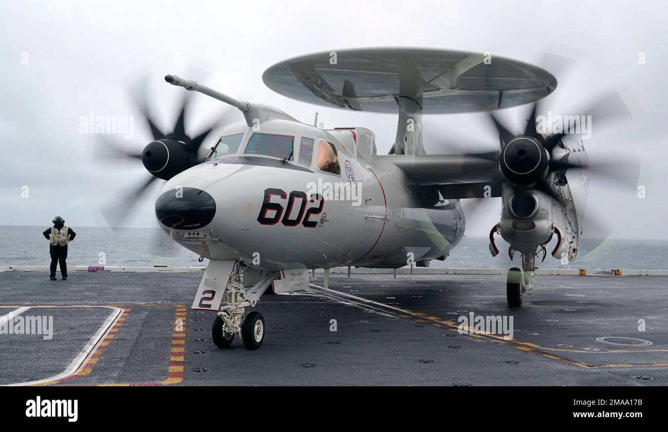An US Navy E-2 Hawkeye Airborne Command and Control aircraft is being ...