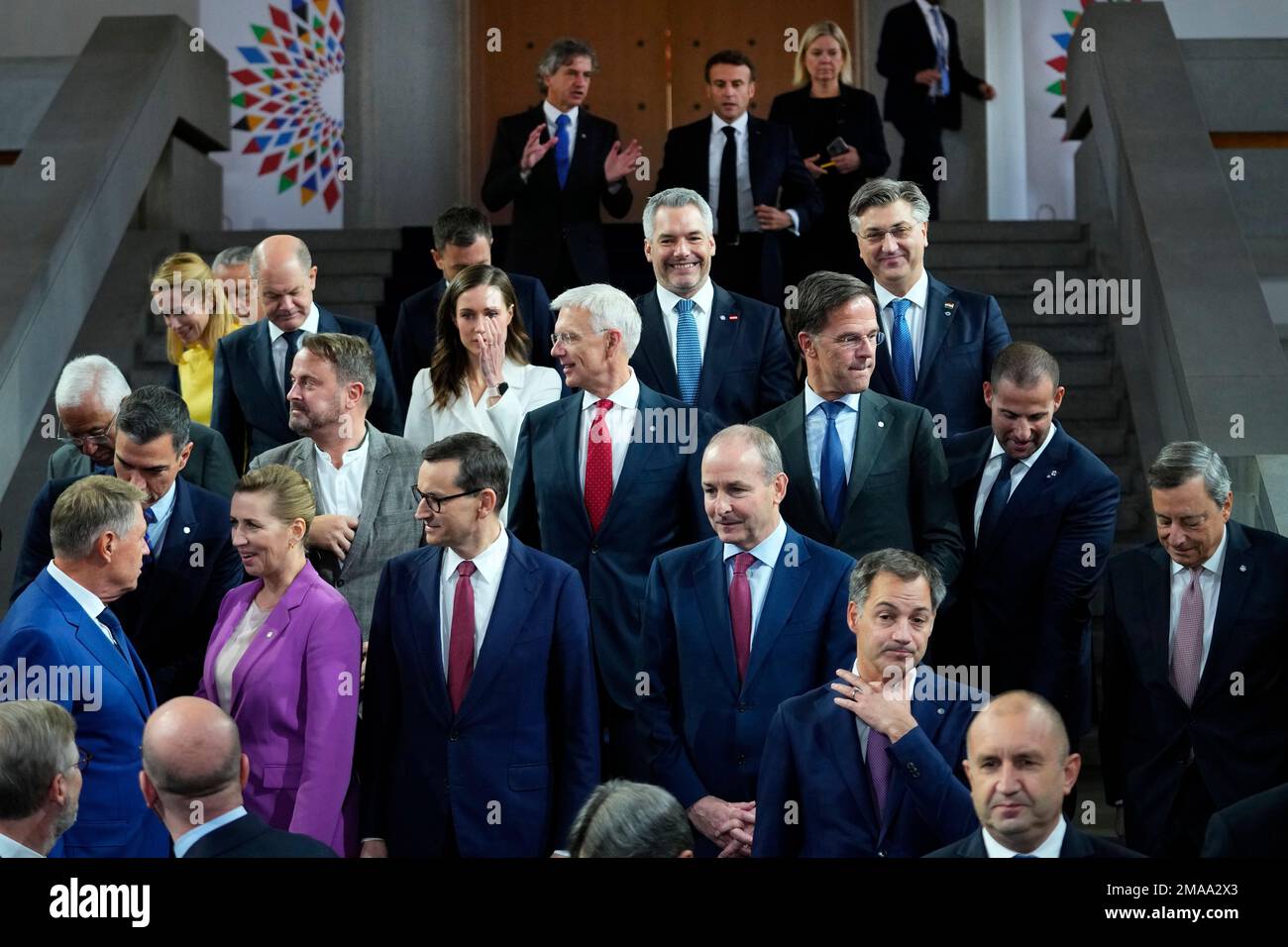 French President Emmanuel Macron, top center, arrives as EU leaders ...