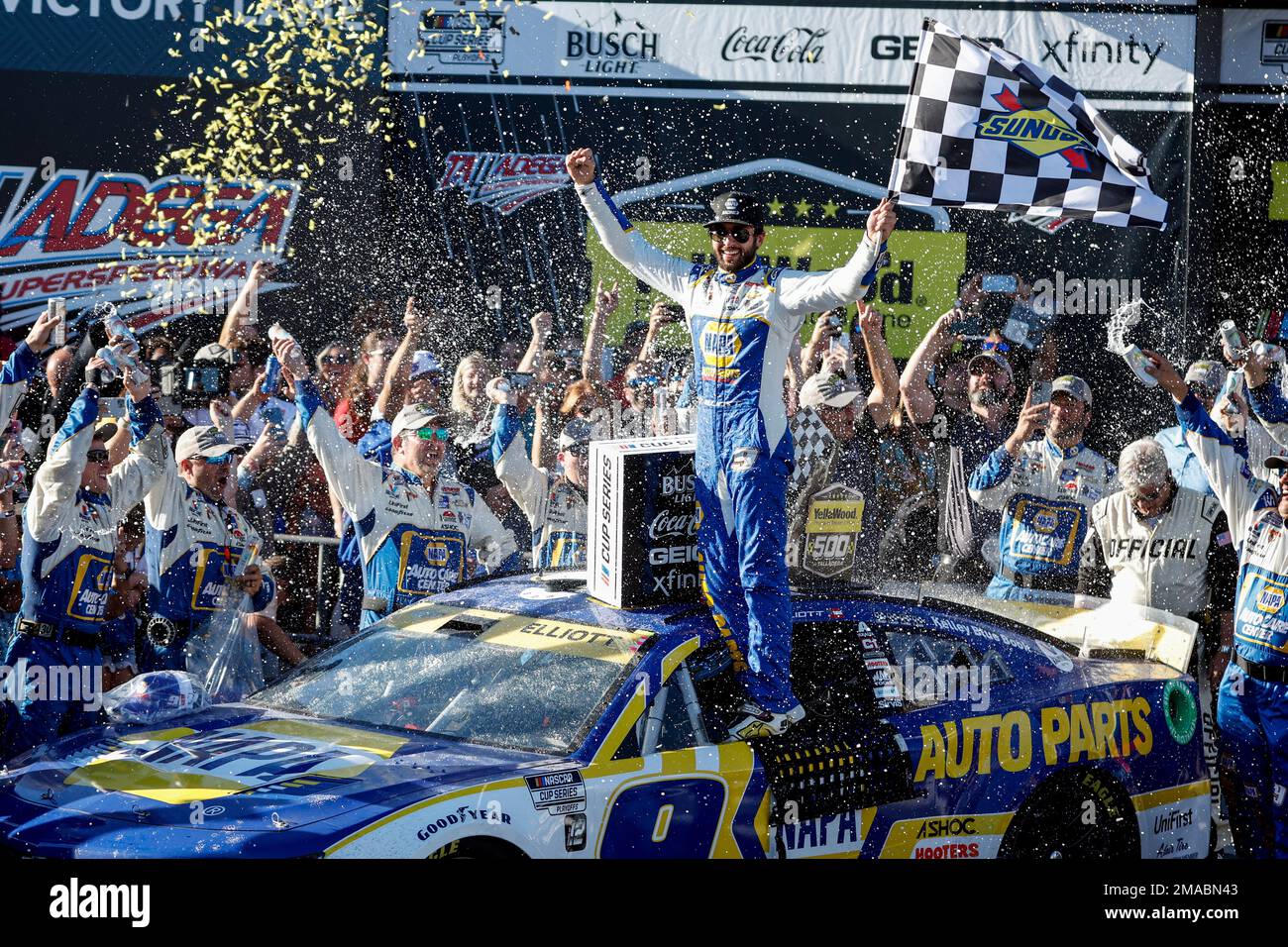 Chase Elliott celebrates in Victory Lane after winning a NASCAR Cup ...