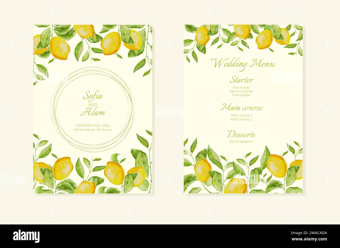 Carte d'invitation à un mariage avec brunches au citron aquarelle ...