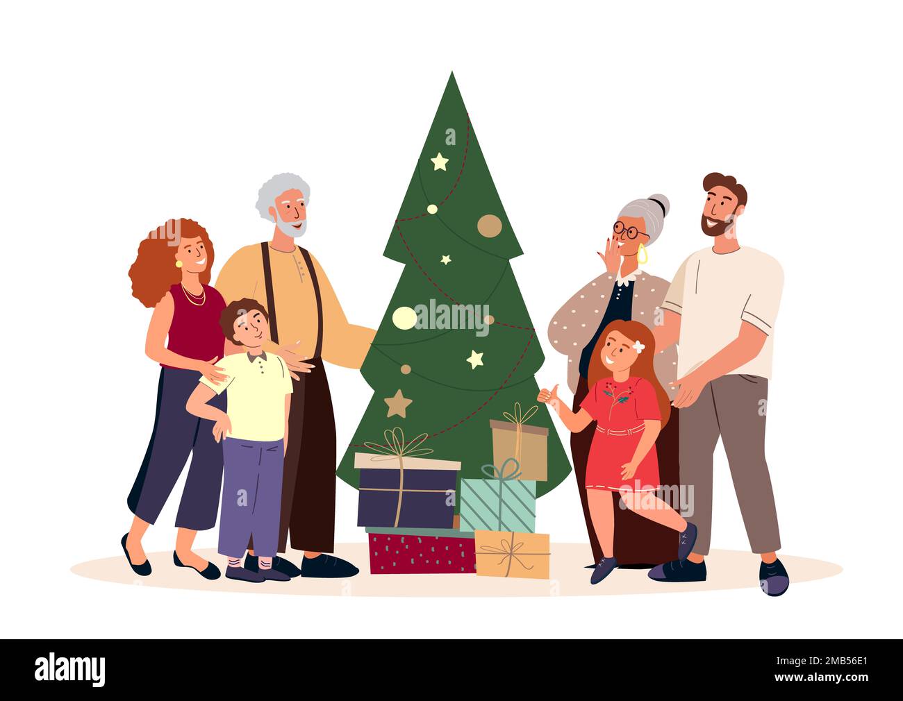 Grande famille heureuse autour de Noël arbre et cadeaux, présente ...