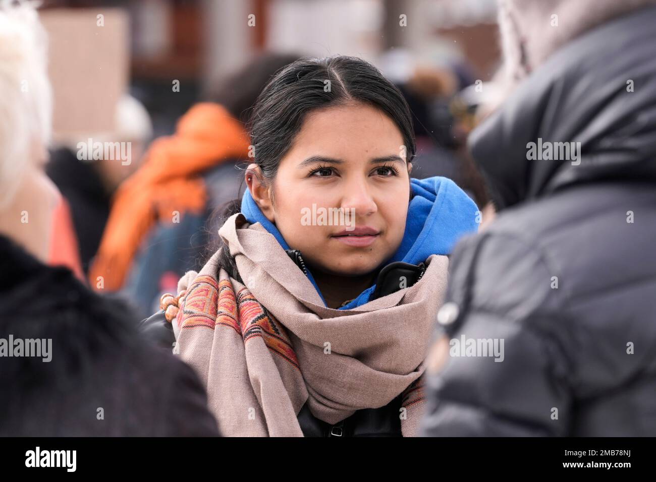 Climate activist Helena Gualinga of Ecuador talks to media during a ...