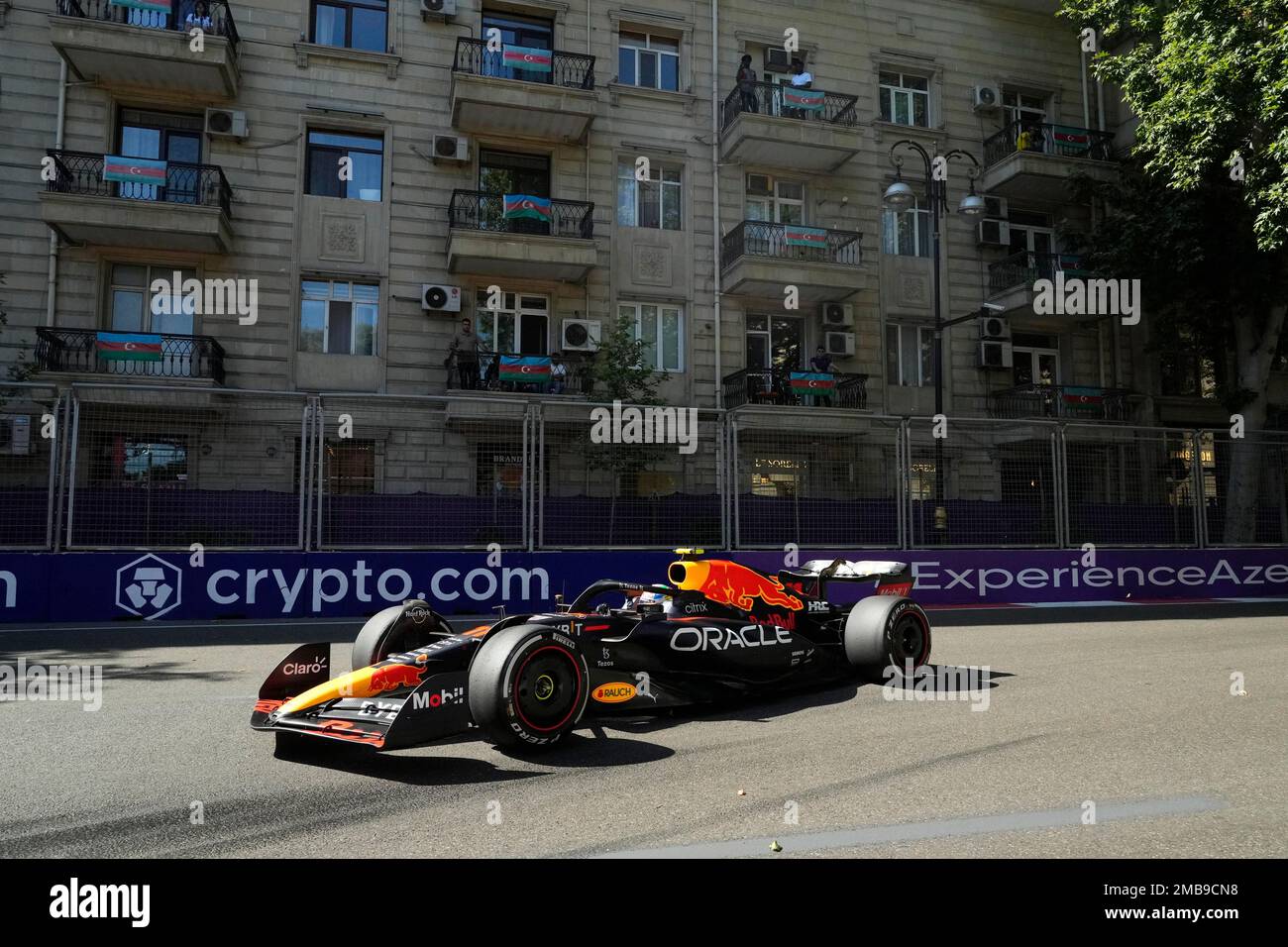 Red Bull driver Sergio Perez of Mexico steers his car during the Azerbaijan Formula One Grand ...