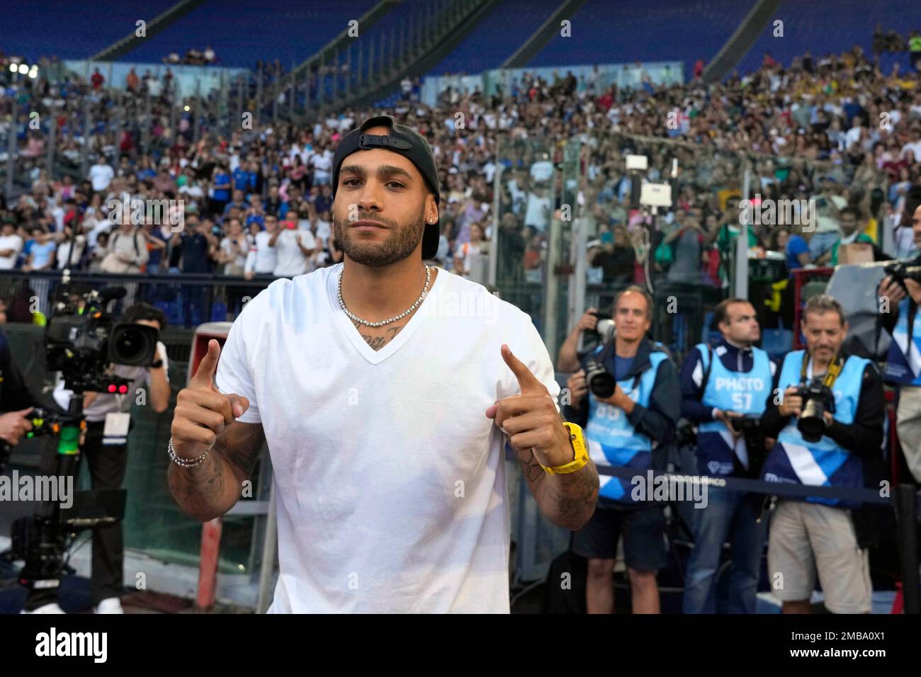 Marcell Jacobs poses for photographers at the Golden Gala Pietro Mennea ...