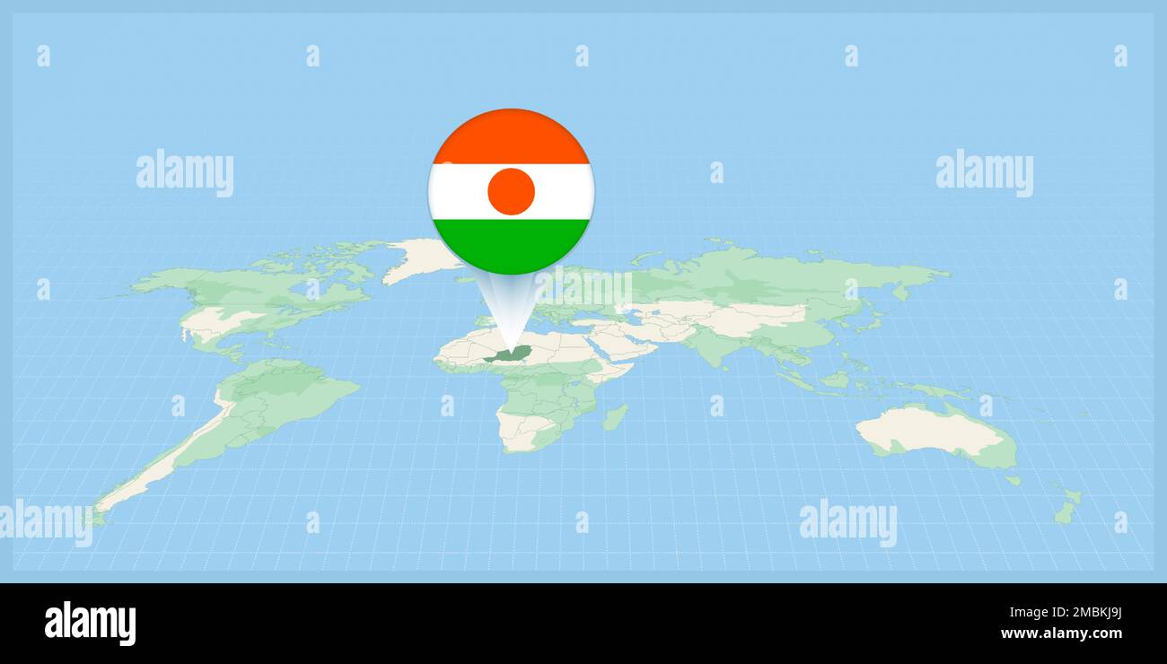 Situation du Niger sur la carte du monde, marquée d'un drapeau nigérien ...