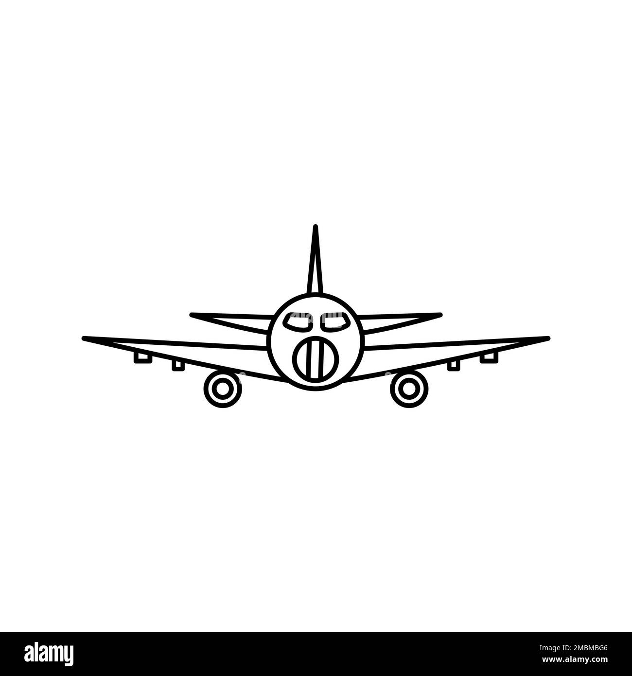 Avion isolé avec contour noir sur fond blanc. Vue de face de l'avion ...