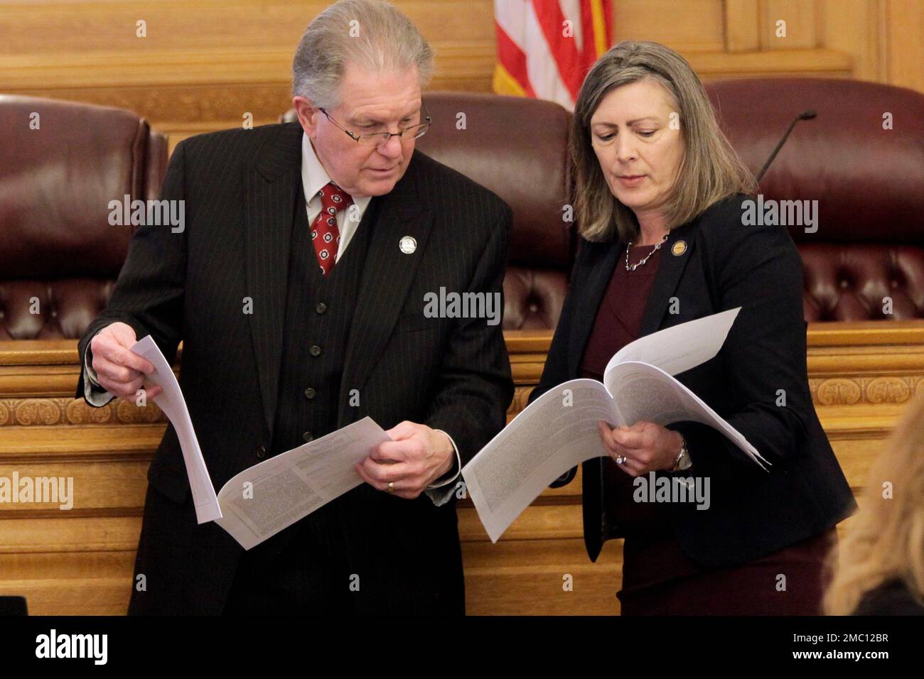 Kansas state Sens/ Mike Thompson, R-Shawnee, left, and Senate Judiciary ...