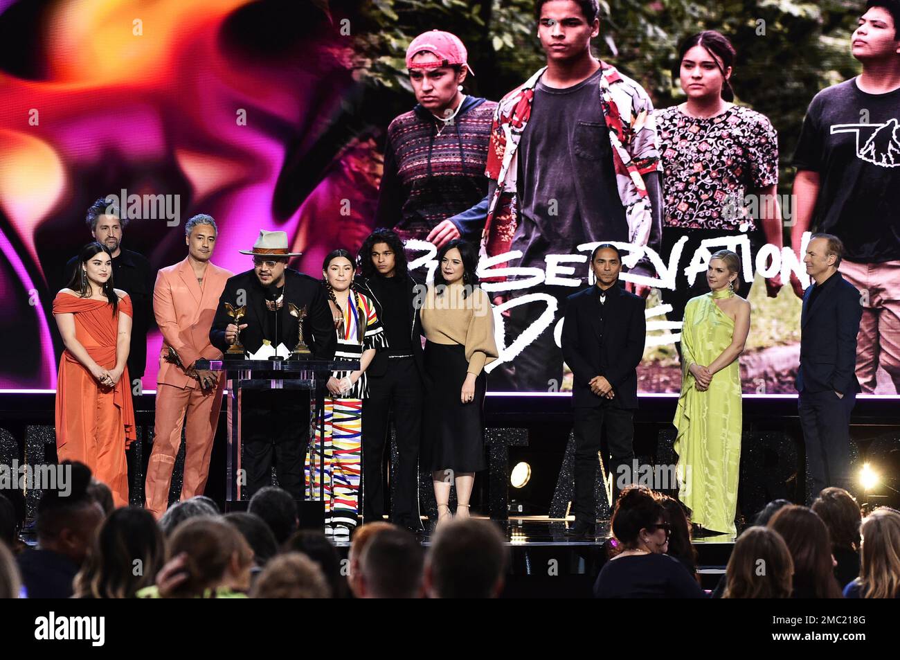 Devery Jacobs, from left, Garrett Basch,Taika Waititi, Sterlin Harjo ...