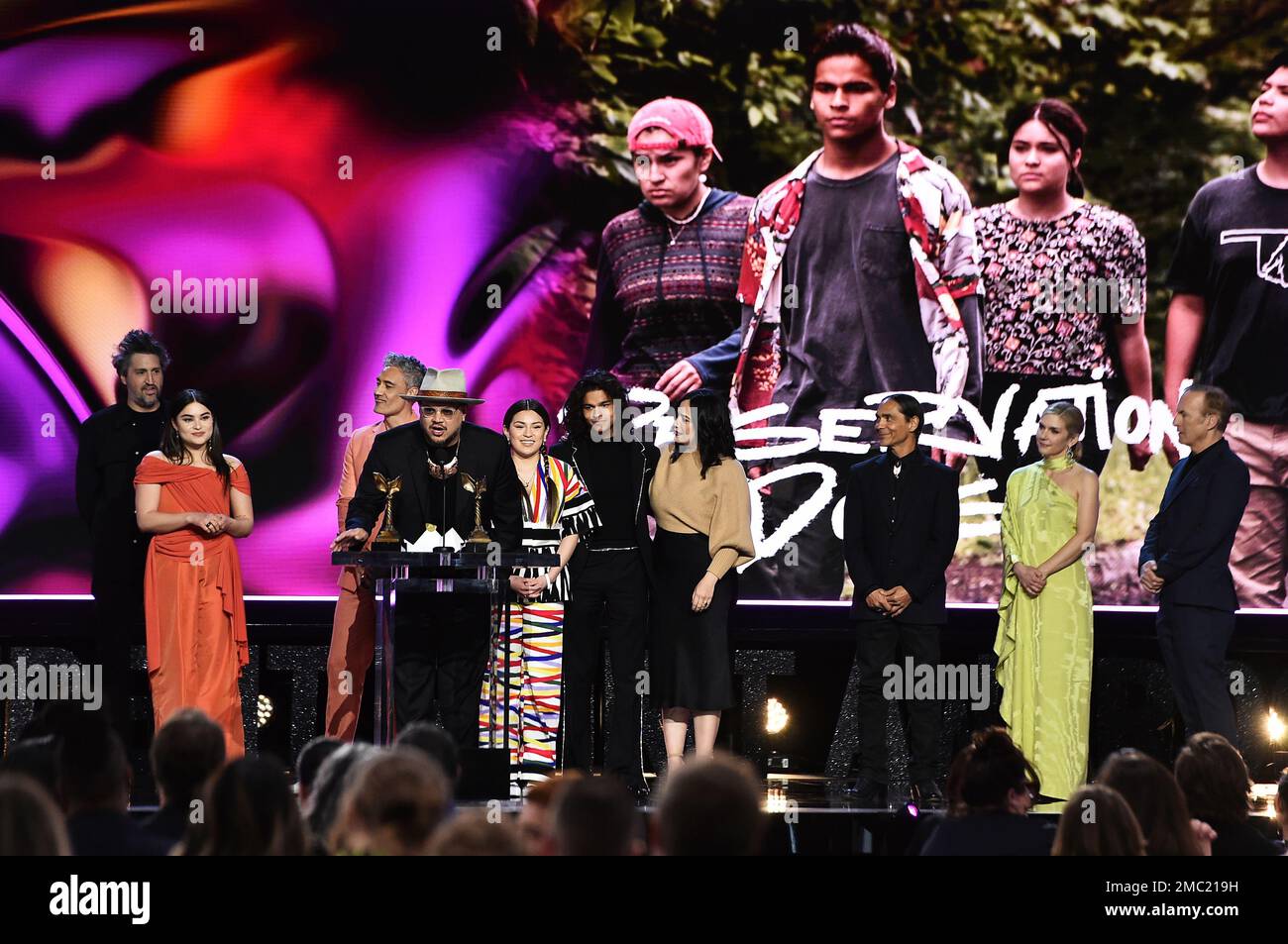 Devery Jacobs, from left, Garrett Basch,Taika Waititi, Sterlin Harjo ...