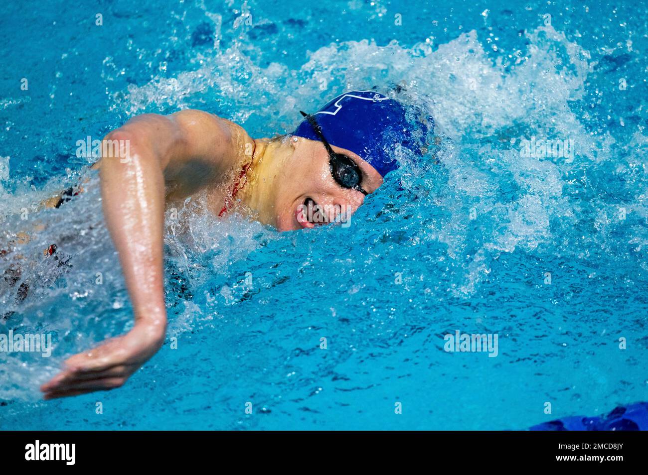 Pennsylvania's Lia Thomas swims the 100m freestyle event at a swim meet ...