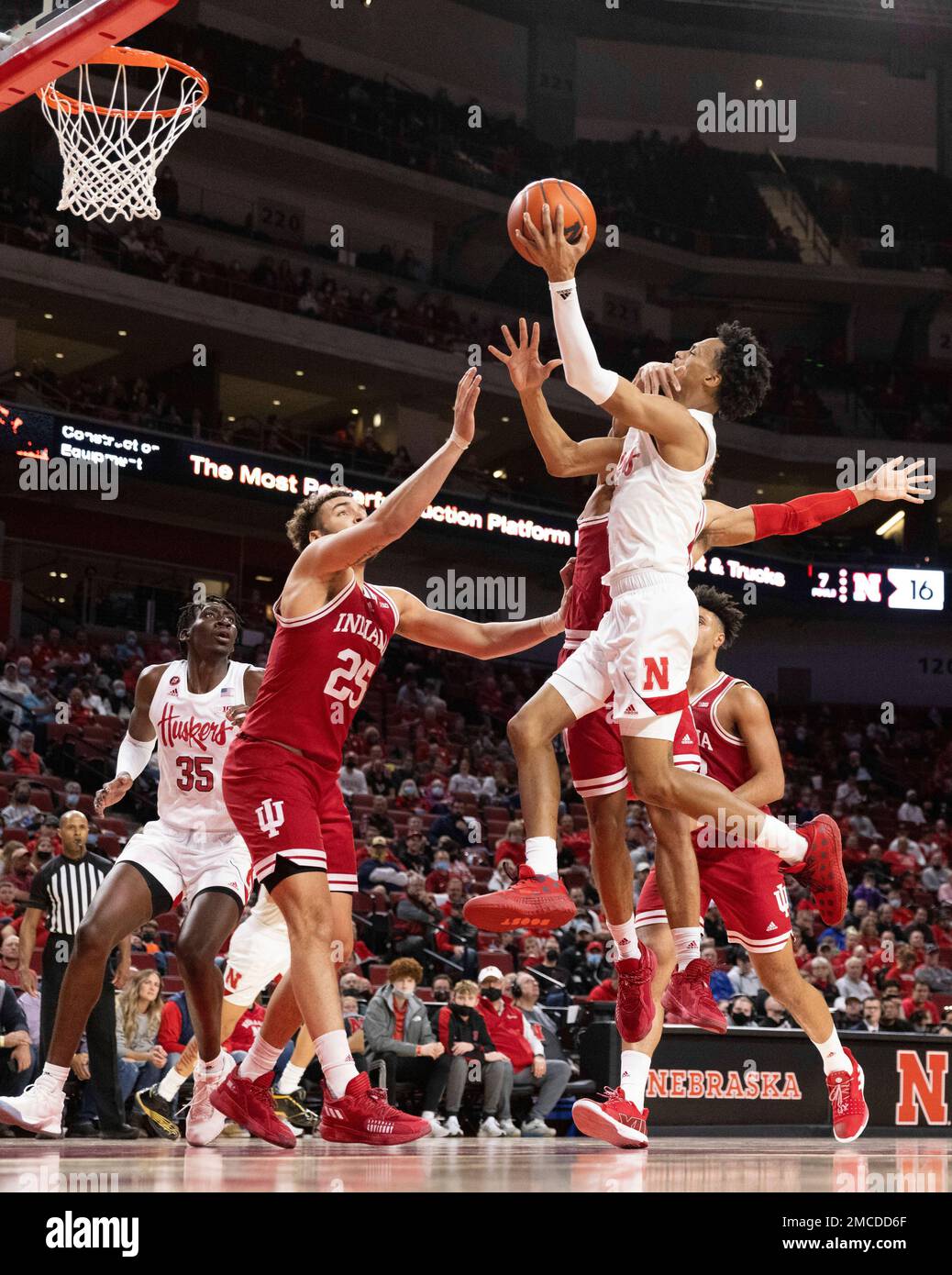 Nebraska's Alonzo Verge Jr. (1) shoots against Indiana's Race Thompson ...