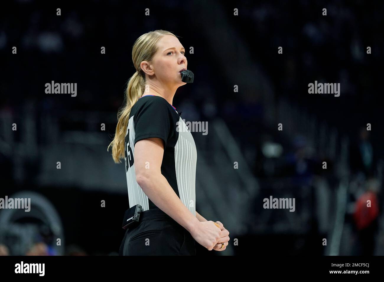 Referee Jenna Reneau observes during the first half of an NBA ...