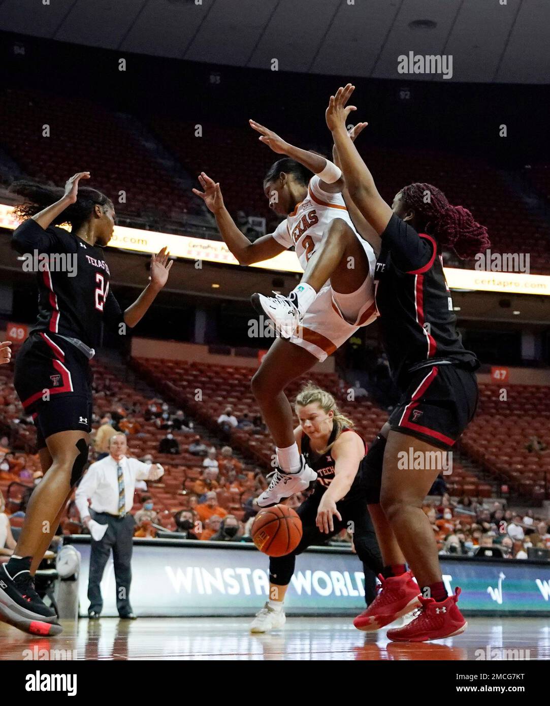 Texas guard Aliyah Matharu (2) is stripped of the ball by Texas Tech ...
