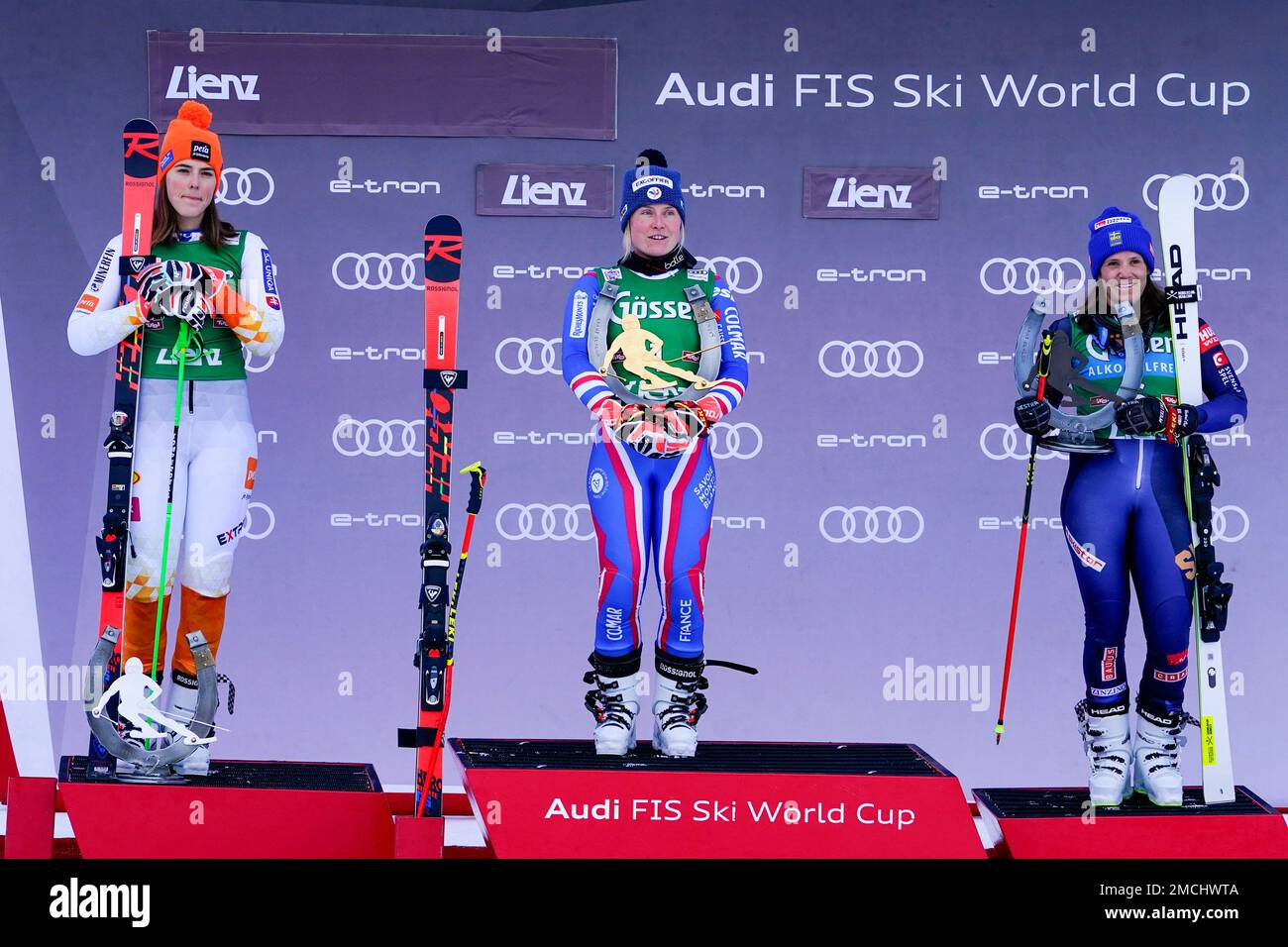 From left, second placed Slovakia's Petra Vlhova, winner France's Tessa ...