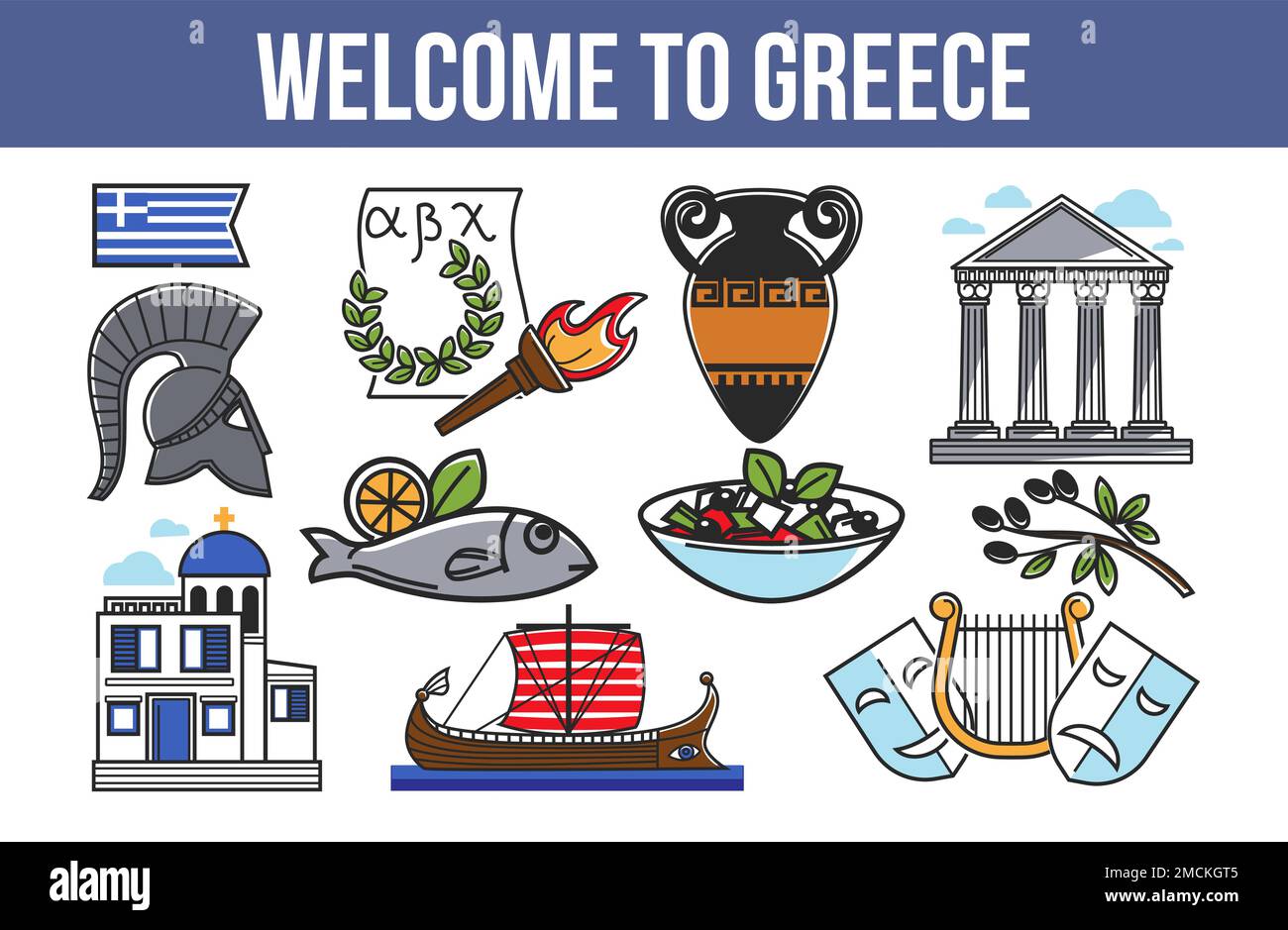 Les symboles grecs sont les bienvenus à la Grèce vecteur touristique ...