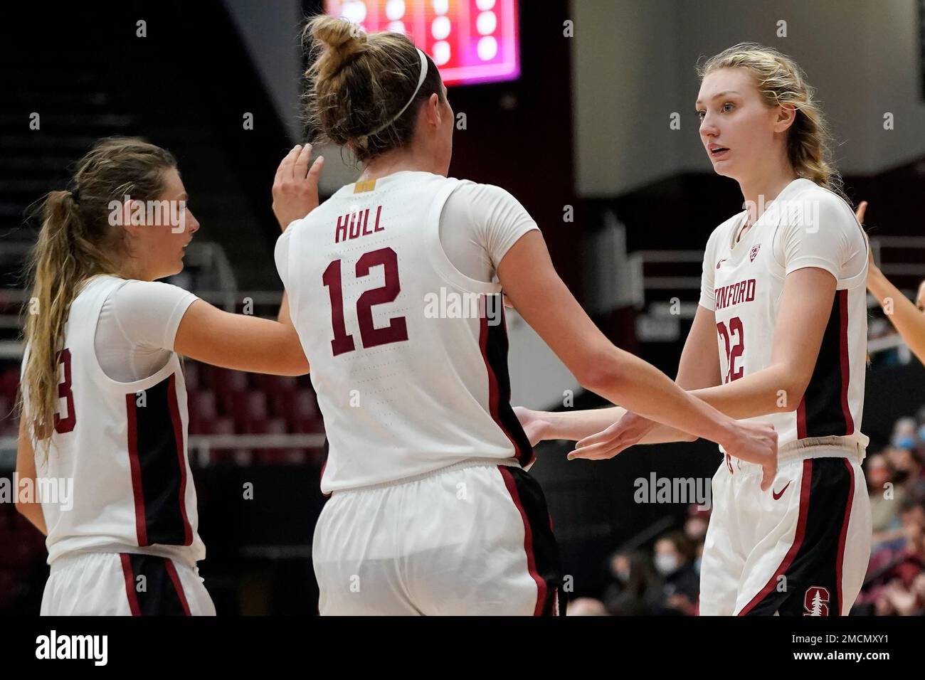 Stanford forward Cameron Brink, right, is congratulated by guard Hannah ...