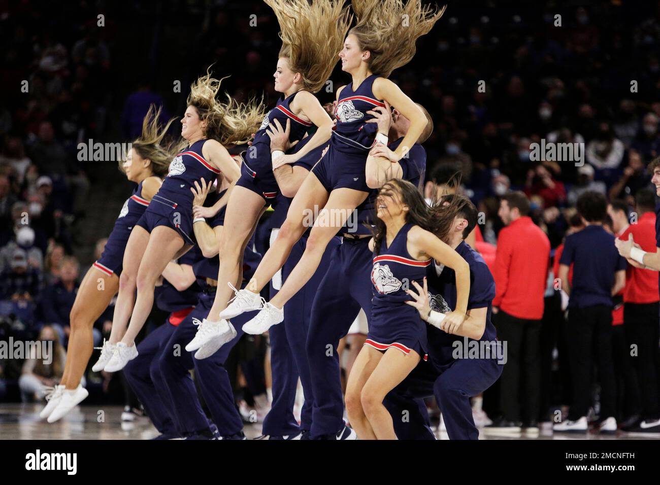 Gonzaga cheerleaders perform during the second half of an NCAA college ...
