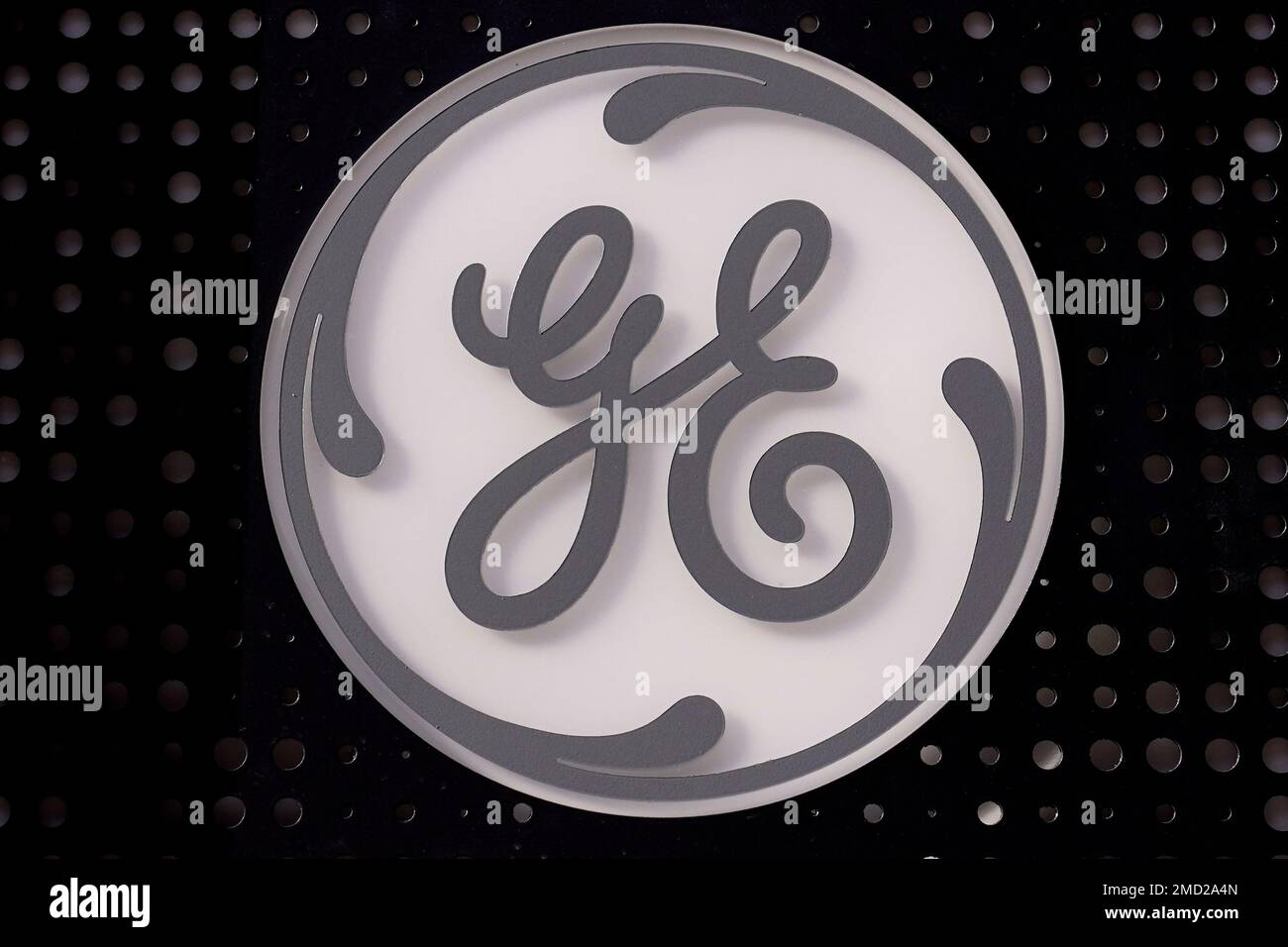 The General Electric logo is displayed on a sign outside their ...