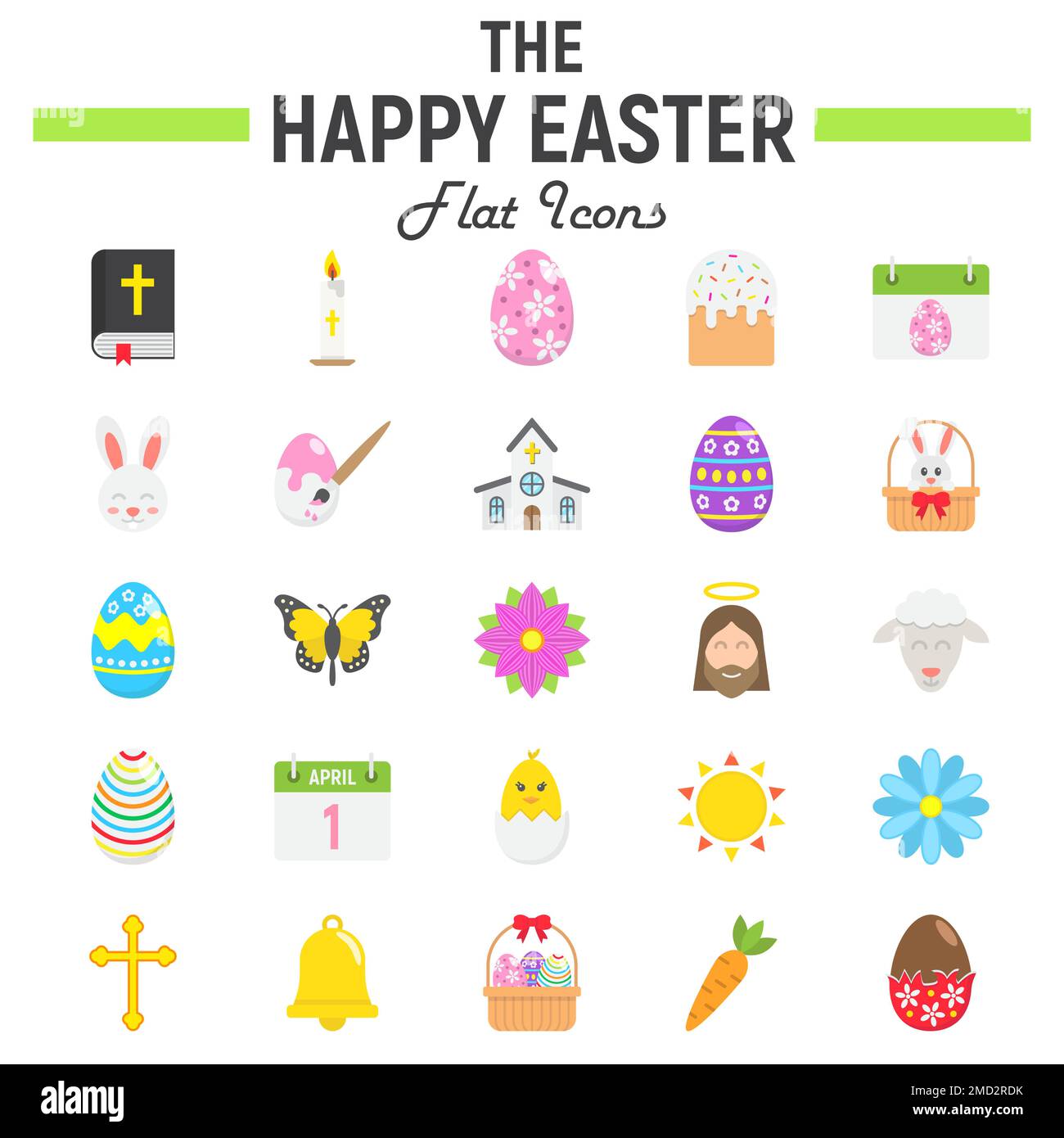 Ensemble d'icônes plates joyeuses Pâques, collection de symboles de ...