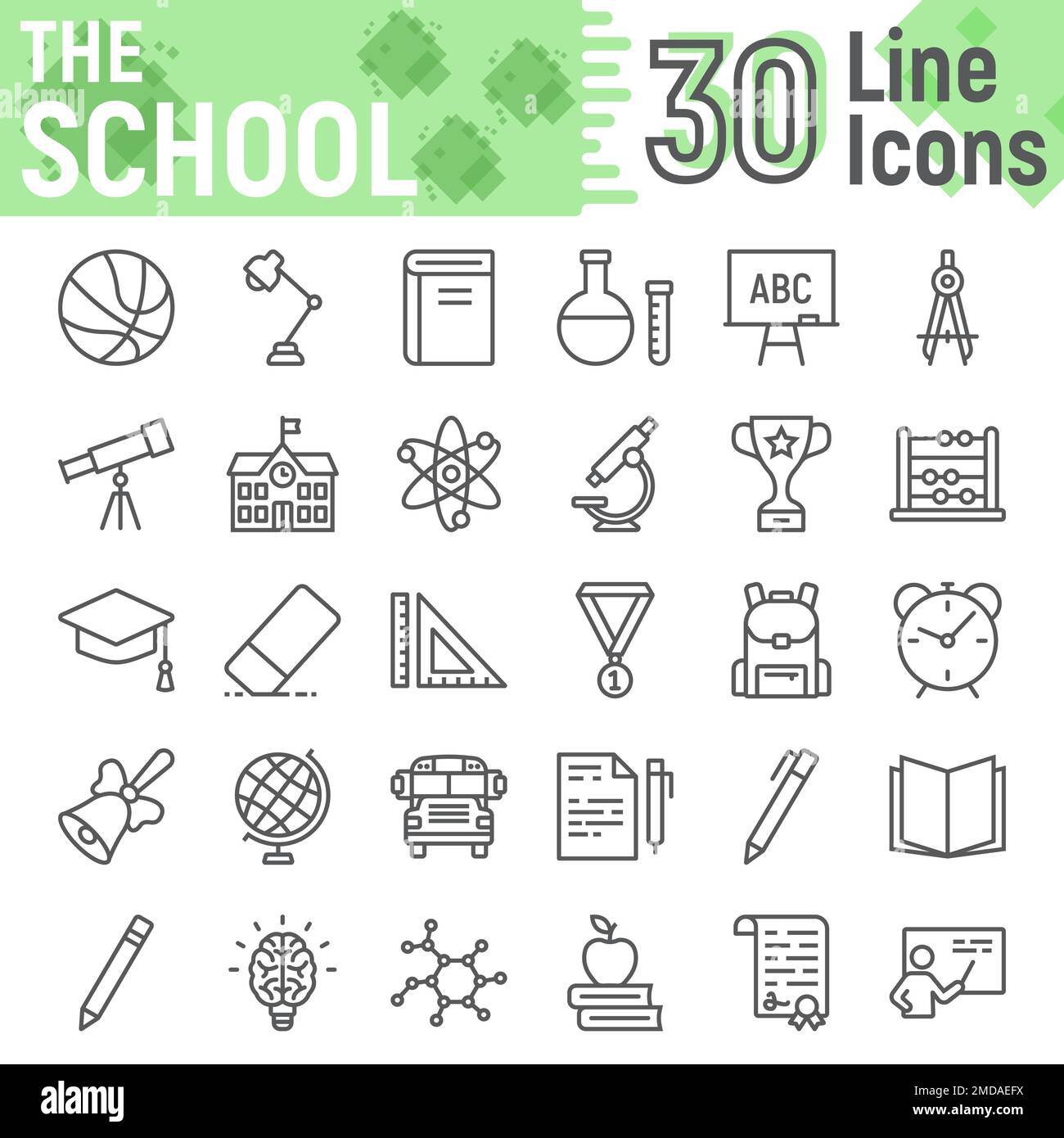 Ensemble d'icônes de la ligne scolaire, collection de symboles ...