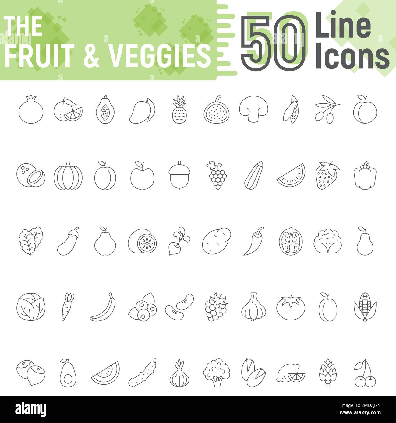 Ensemble d'icônes de fruits et légumes à ligne mince, collection de ...