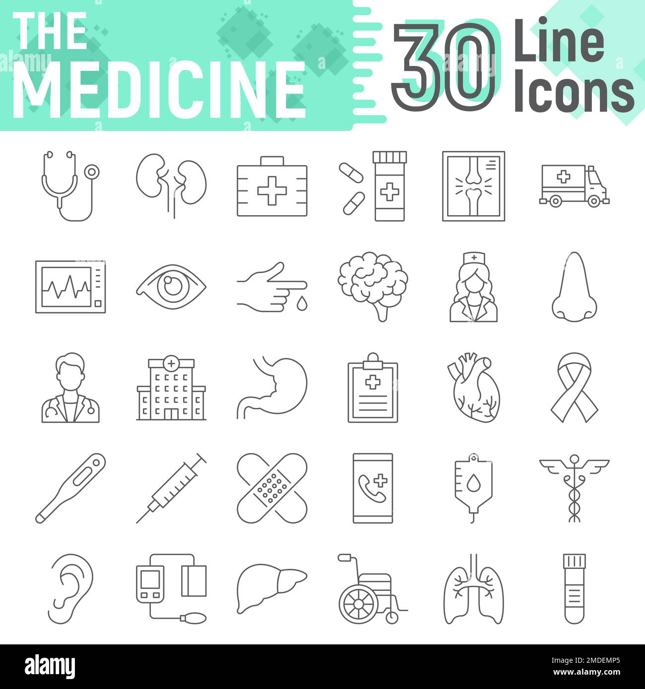 Médecine jeu de traits fins d'icône, collection de symboles ...